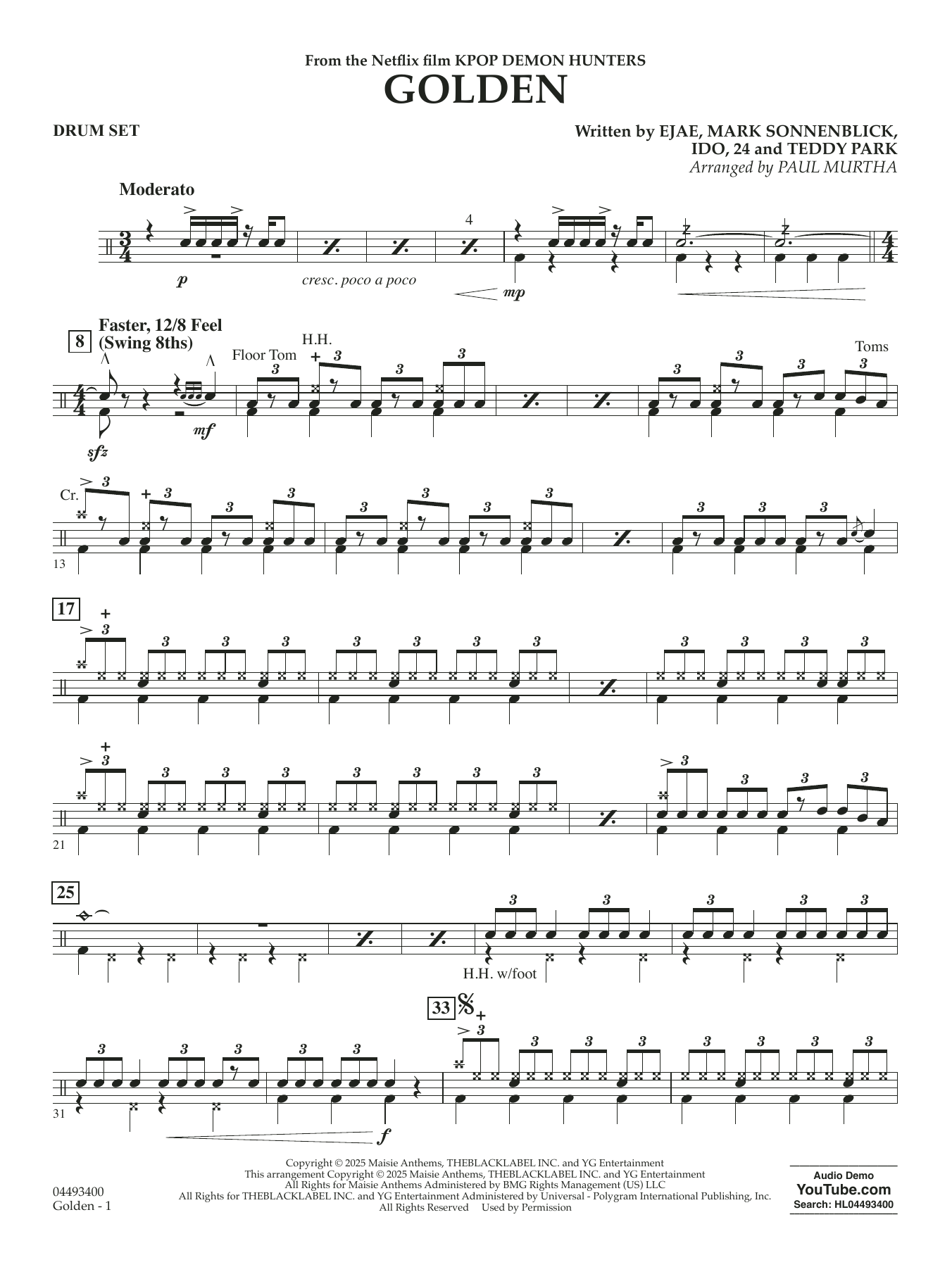 Golden (from KPop Demon Hunters) (arr. Paul Murtha) - Drum Set by Huntr/x (Ejae, Audrey Nuna and ...