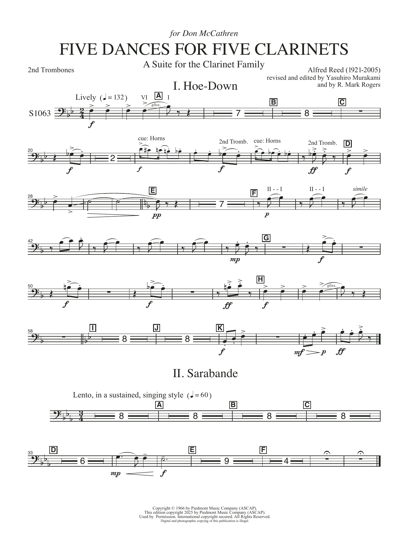 Five Dances for Five Clarinets - Trombone 2 by Alfred Reed Sheet Music ...