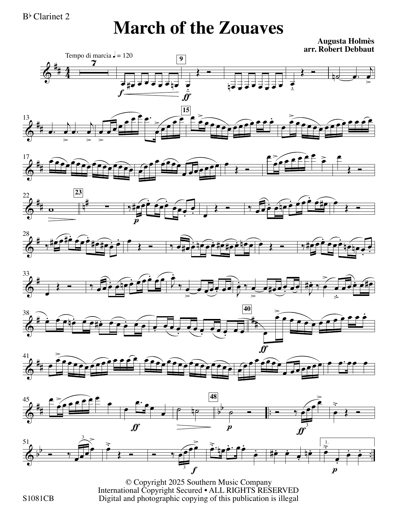 March of the Zouaves (arr. Robert Debbaut) - Clarinet 2 by Augusta Holmes Sheet Music for ...