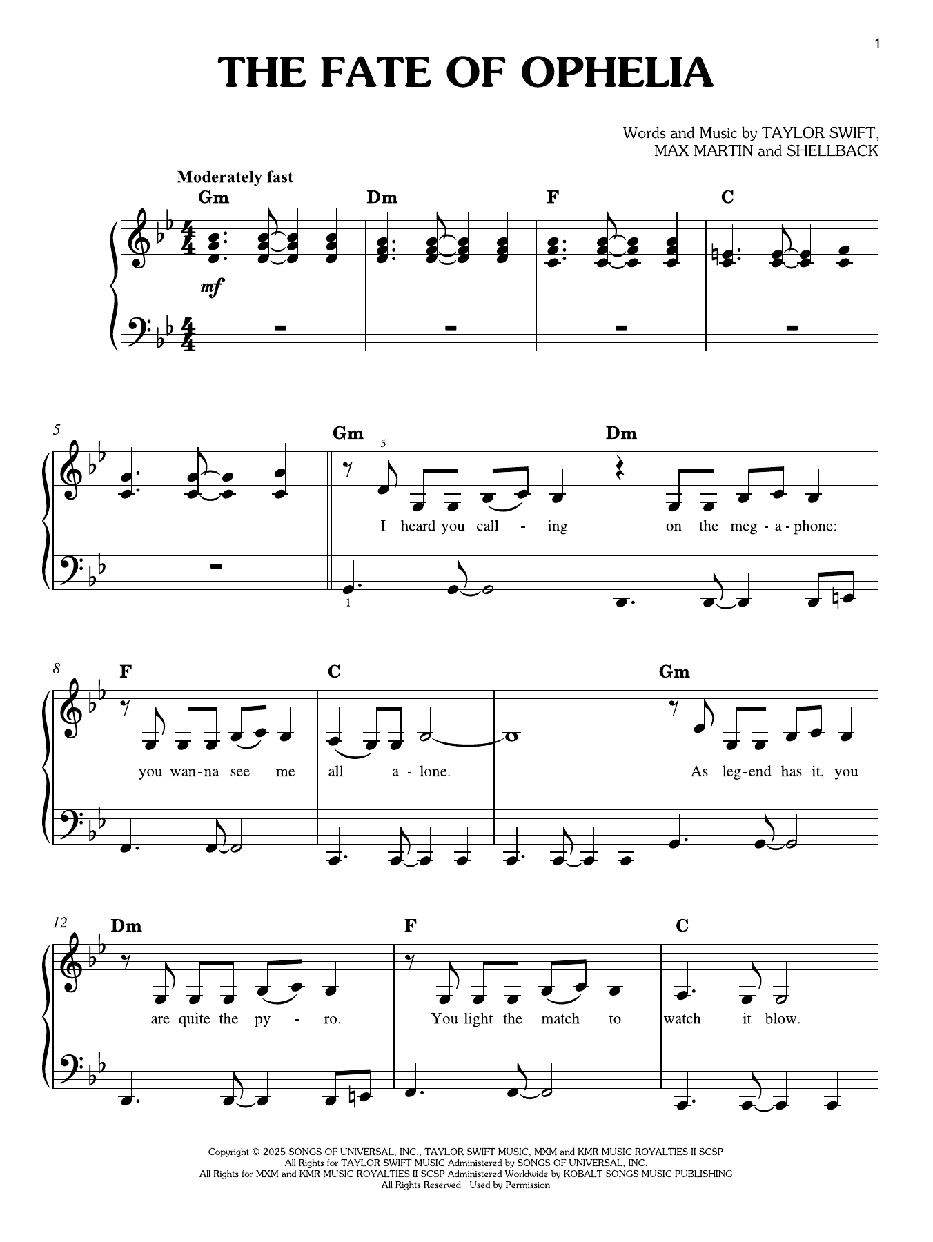 The Fate Of Ophelia by Taylor Swift Sheet Music for Easy Piano at Sheet ...