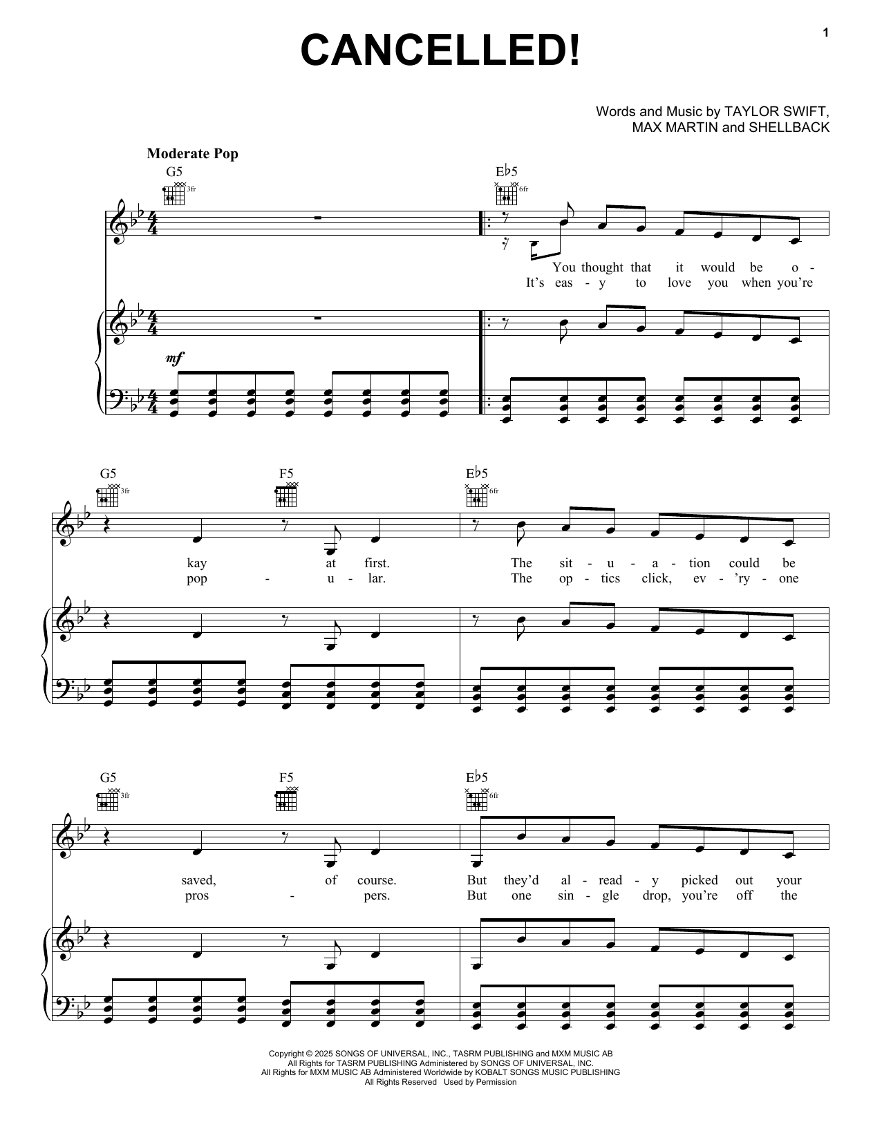 CANCELLED! by Taylor Swift Sheet Music for Piano, Vocal & Guitar Chords ...