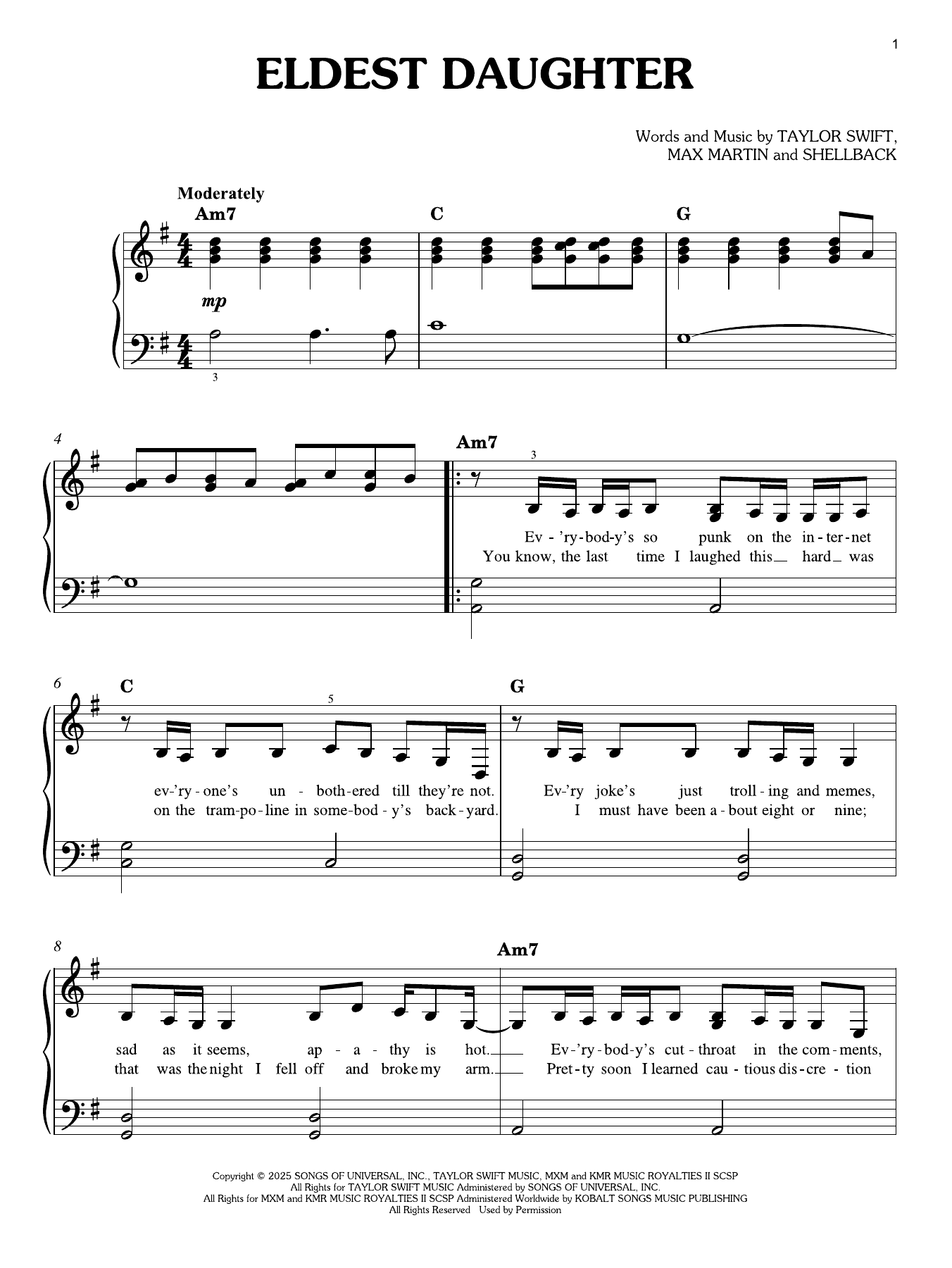 Eldest Daughter by Taylor Swift Sheet Music for Easy Piano at Sheet ...