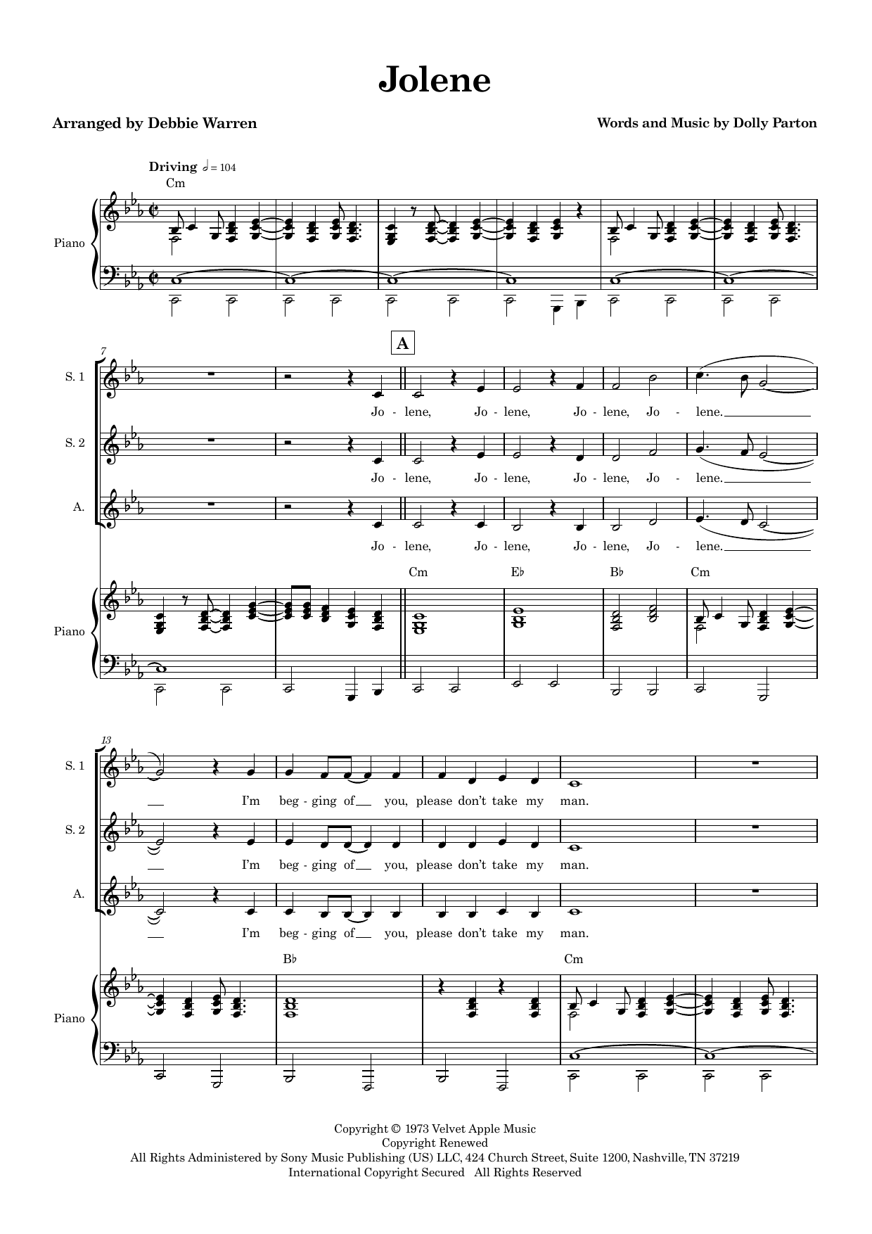 Jolene (arr. Debbie Warren) - Full Score by Dolly Parton Sheet Music ...