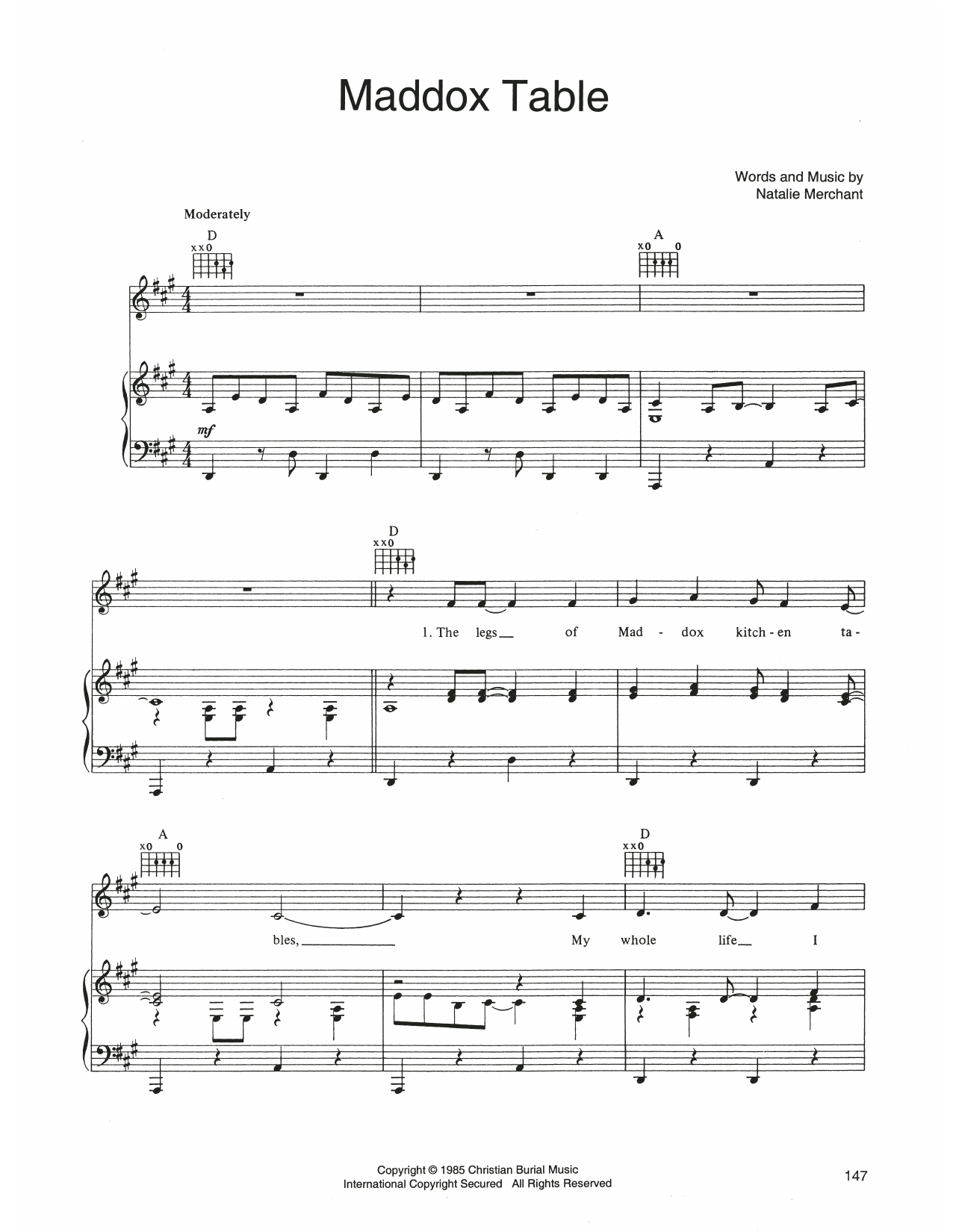 Maddox Table by 10,000 Maniacs Sheet Music for Piano, Vocal & Guitar ...