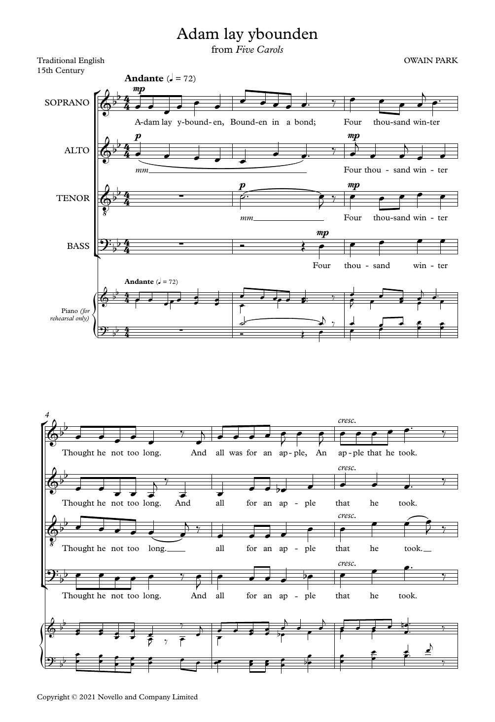 Adam Lay Ybounden by Owain Park Sheet Music for SATB Choir at Sheet ...
