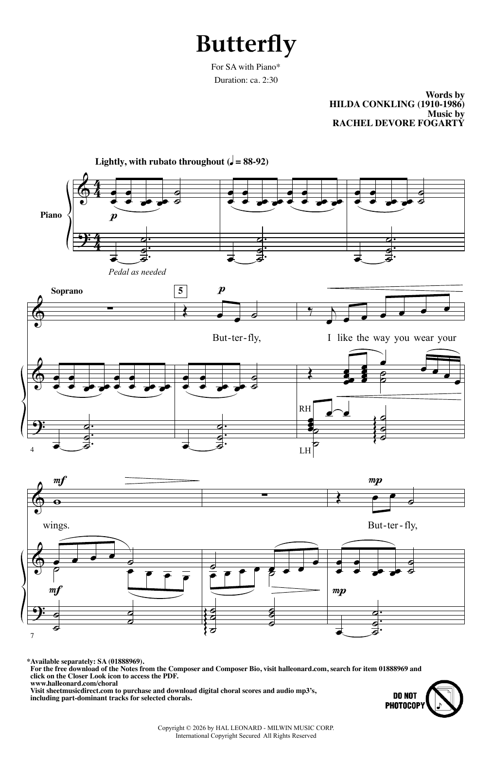 Butterfly by Rachel DeVore Fogarty Sheet Music for 2-Part Choir at ...