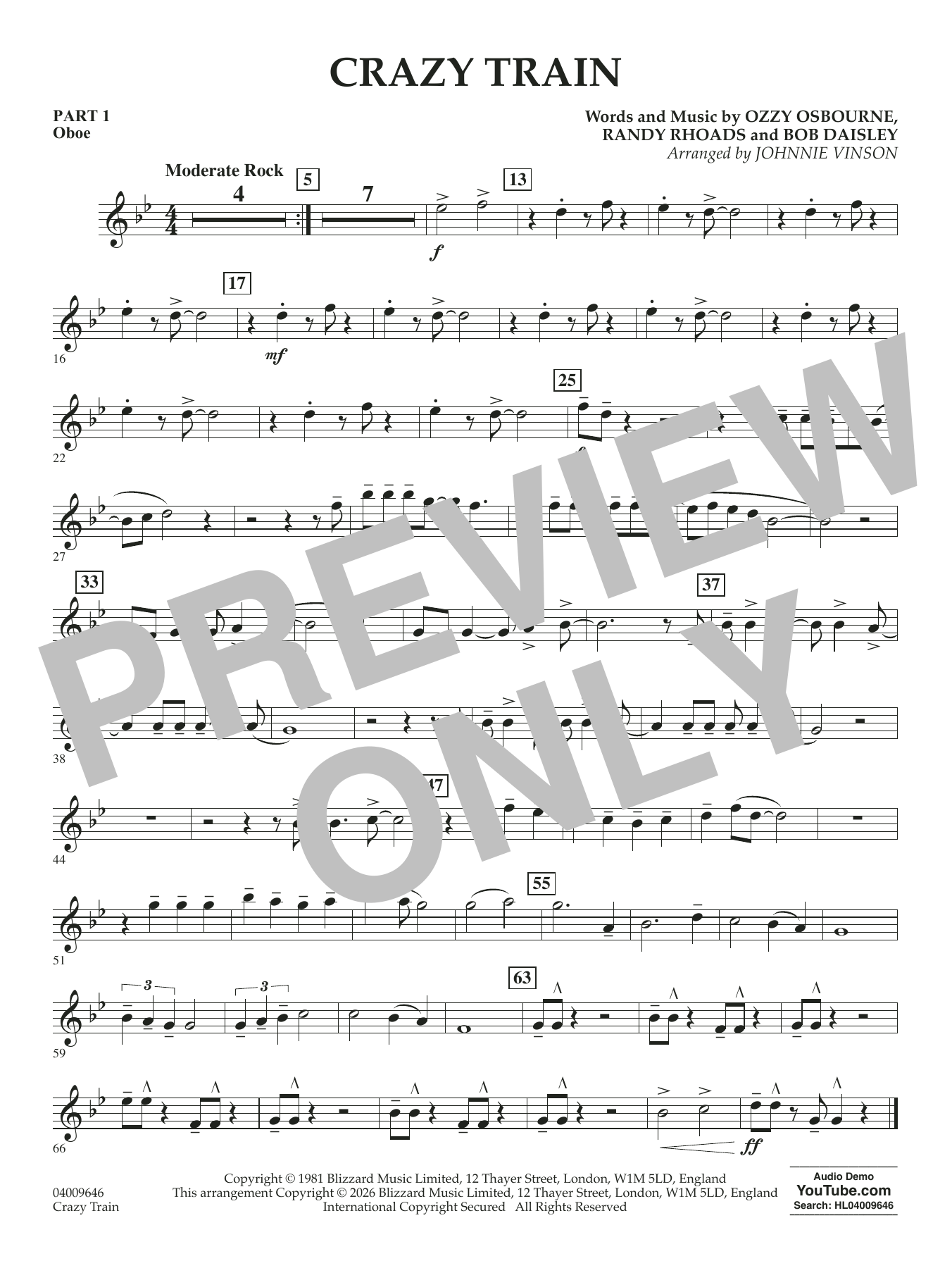 Crazy Train (arr. Johnnie Vinson) - Pt.1 - Oboe par Ozzy Osbourne ...