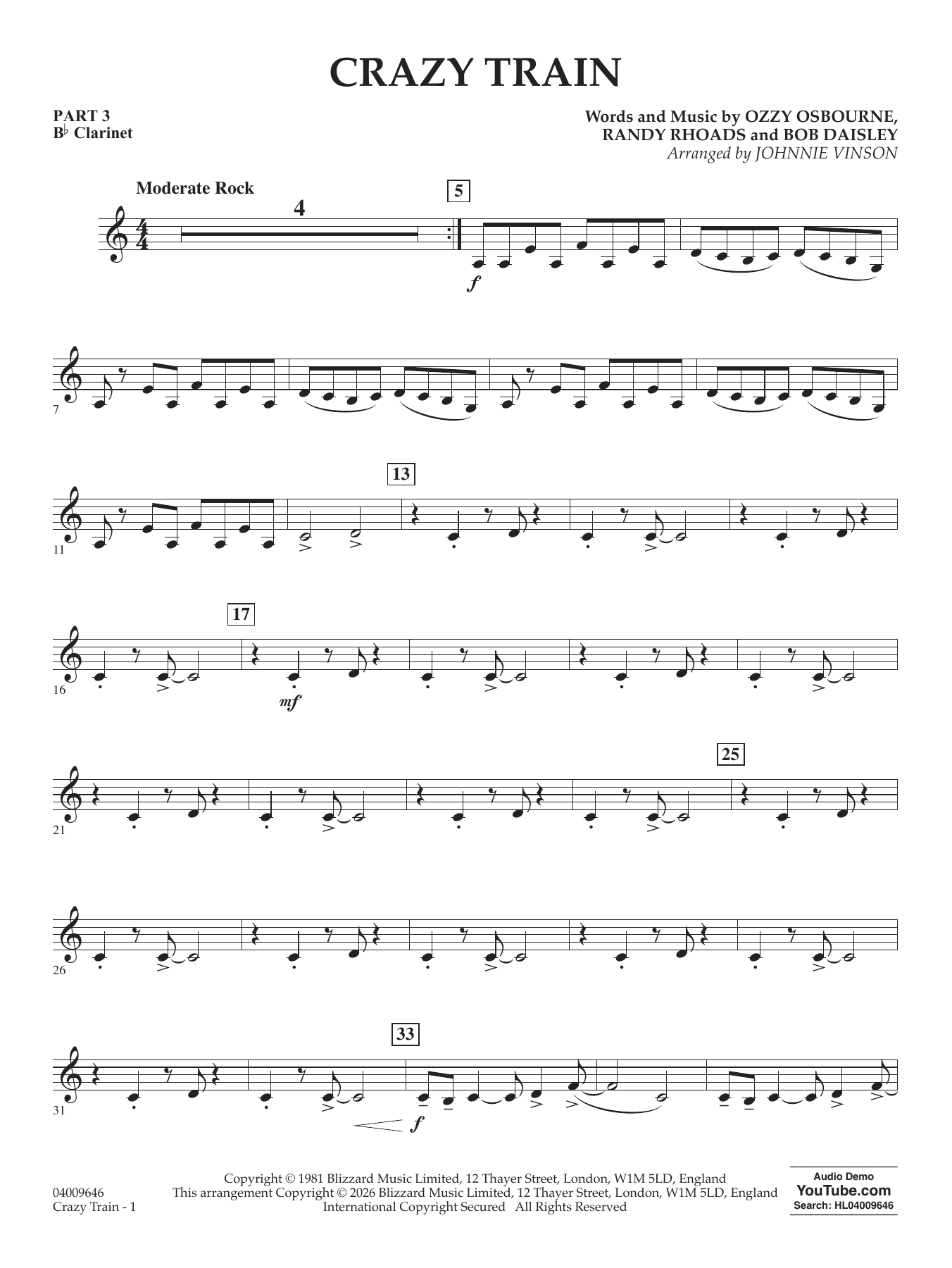 Crazy Train (arr. Johnnie Vinson) - Pt.3 - Bb Clarinet par Ozzy ...