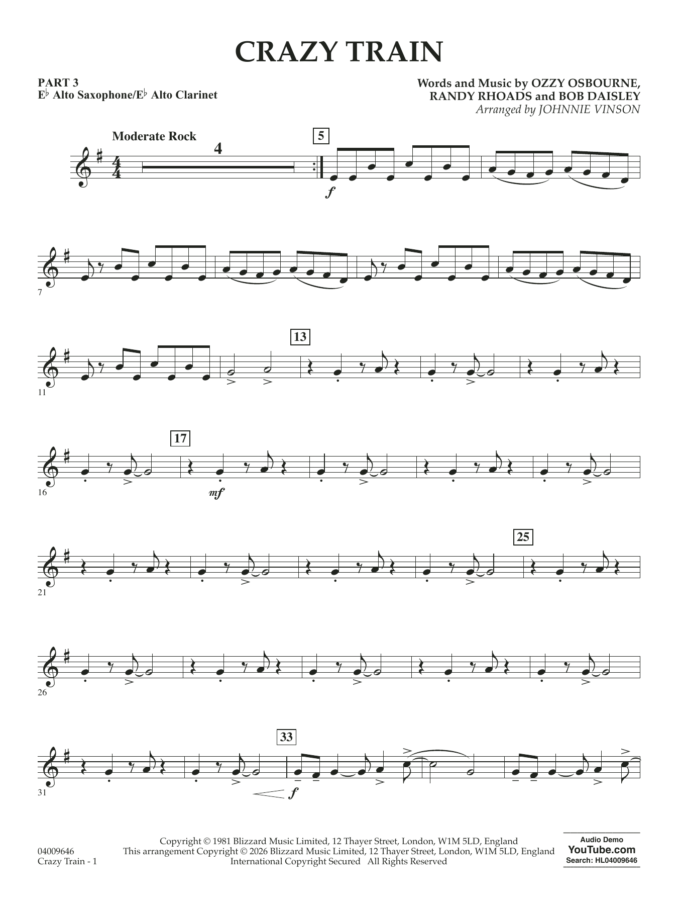 Crazy Train (arr. Johnnie Vinson) - Pt.3 - Eb Alto Sax/Alto Clar. von ...