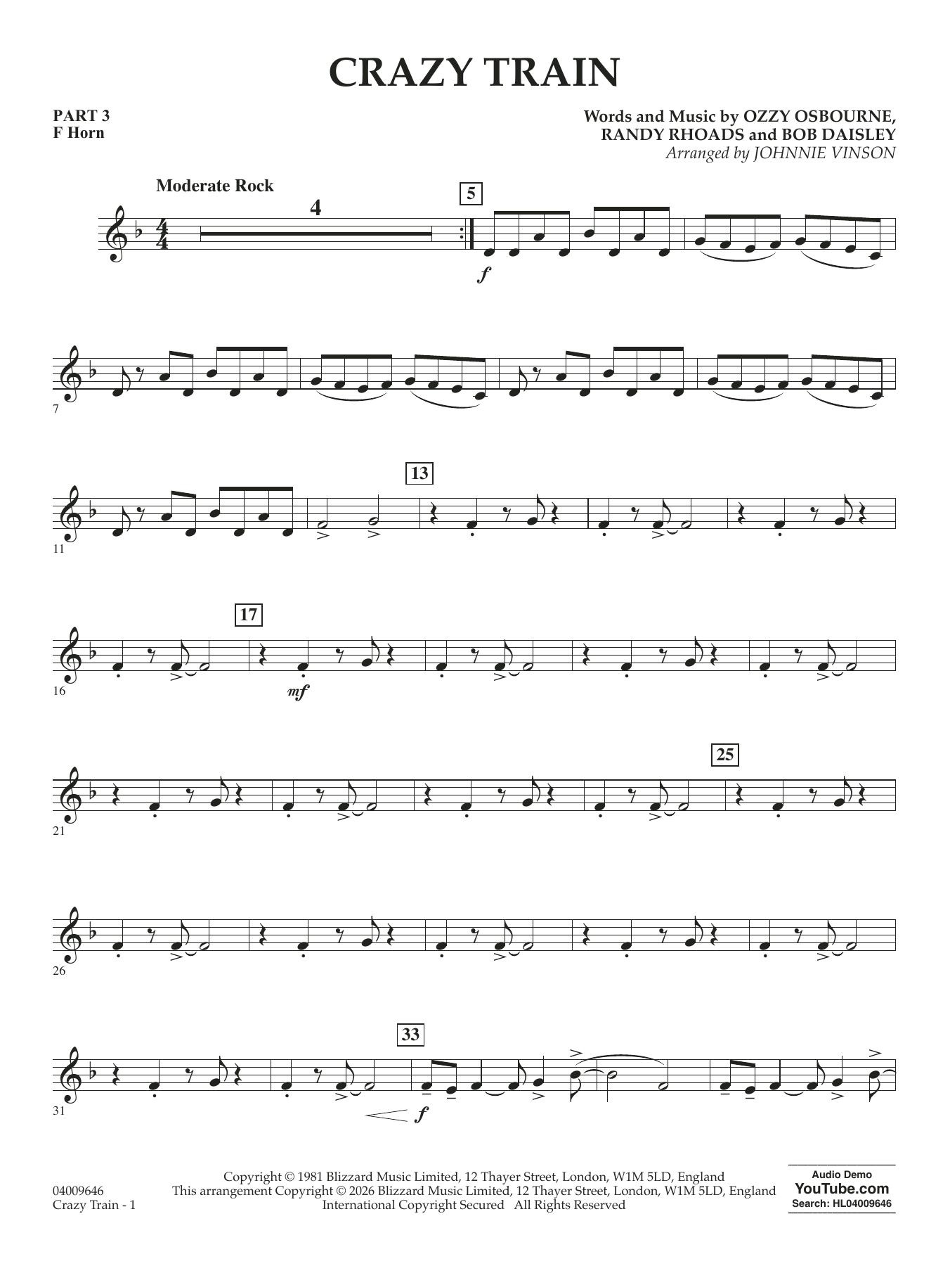Crazy Train (arr. Johnnie Vinson) - Pt.3 - F Horn von Ozzy Osbourne ...