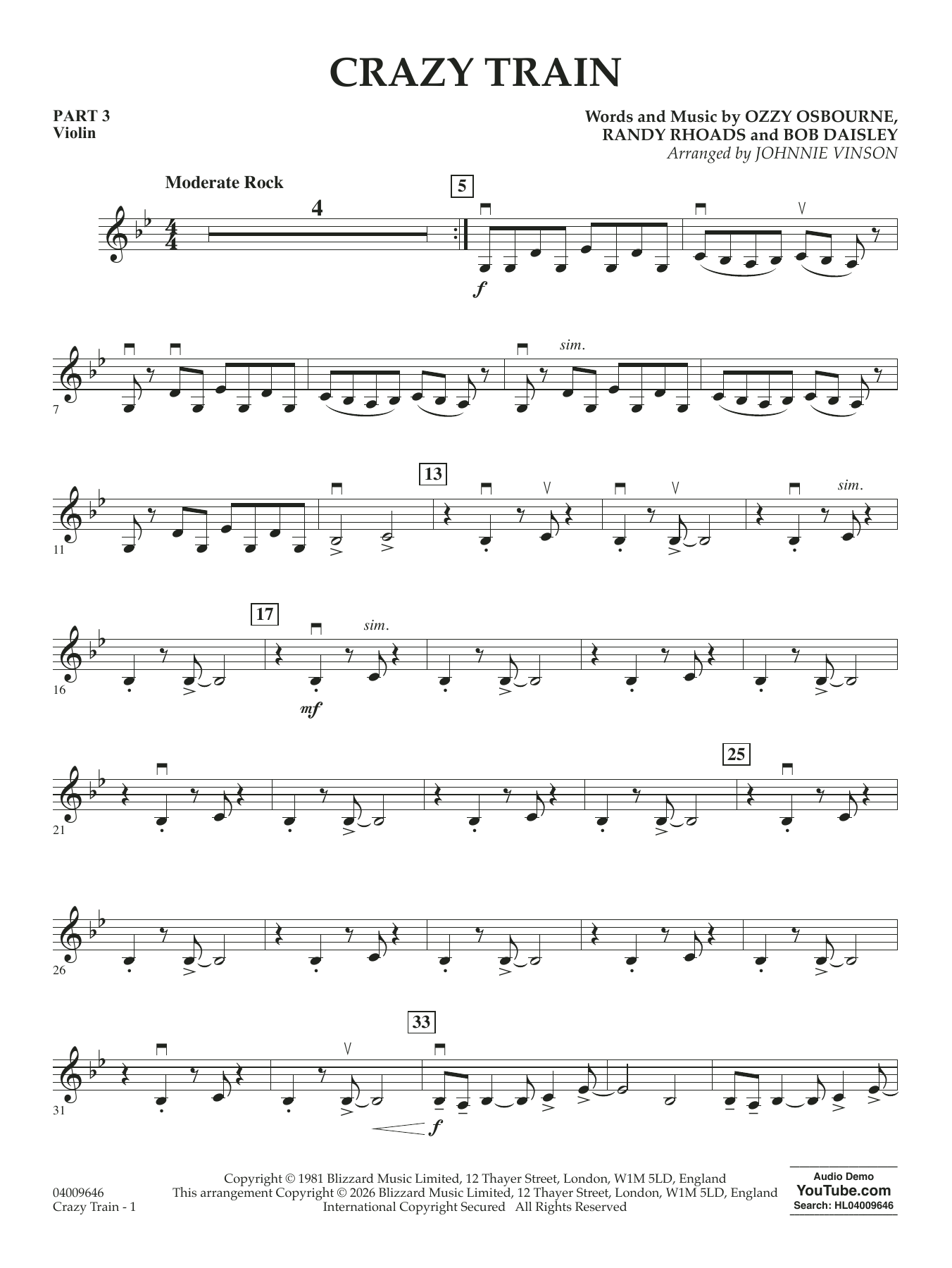 Crazy Train (arr. Johnnie Vinson) - Pt.3 - Violin by Ozzy Osbourne ...