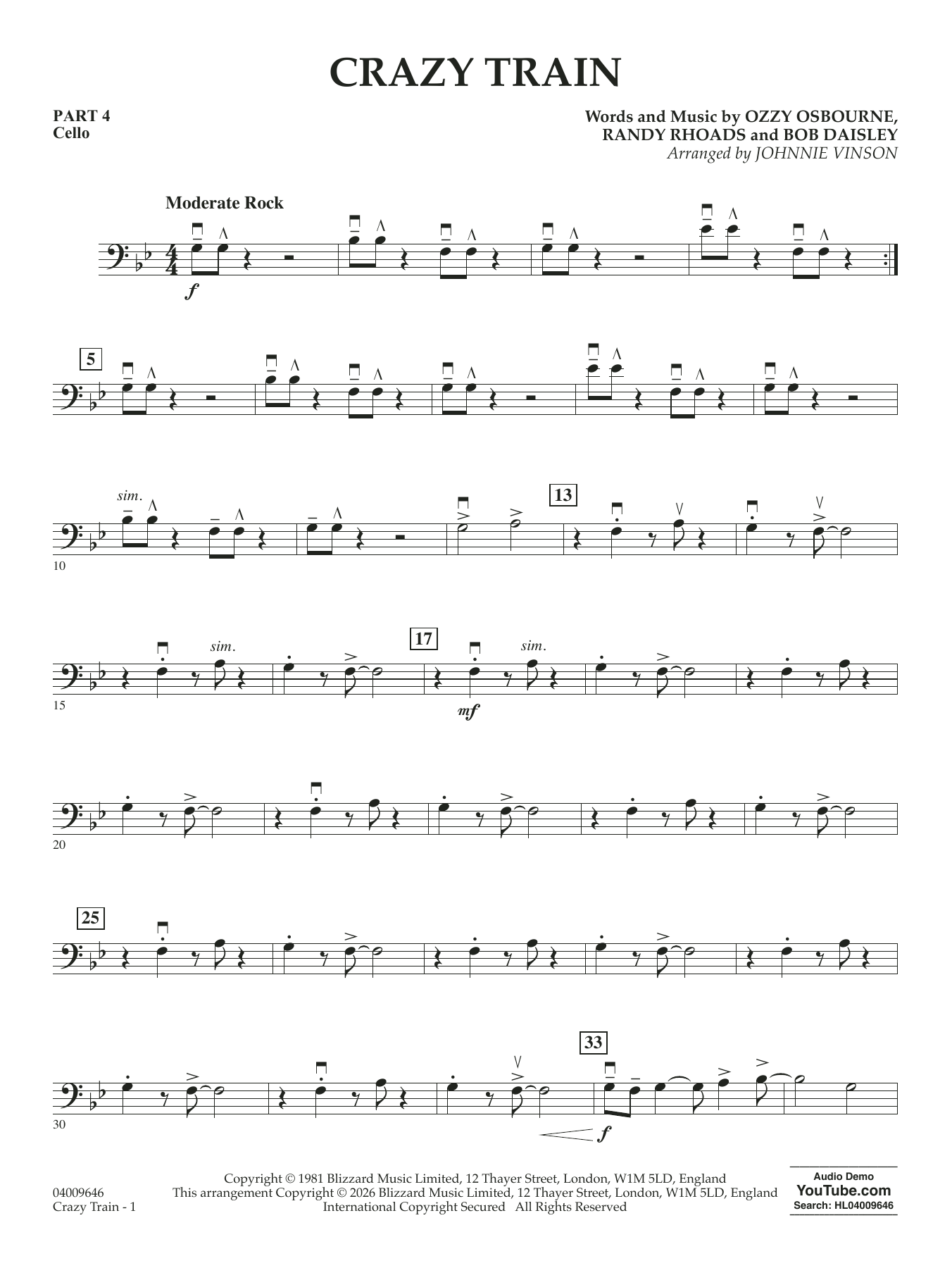 Crazy Train (arr. Johnnie Vinson) - Pt.4 - Cello von Ozzy Osbourne ...