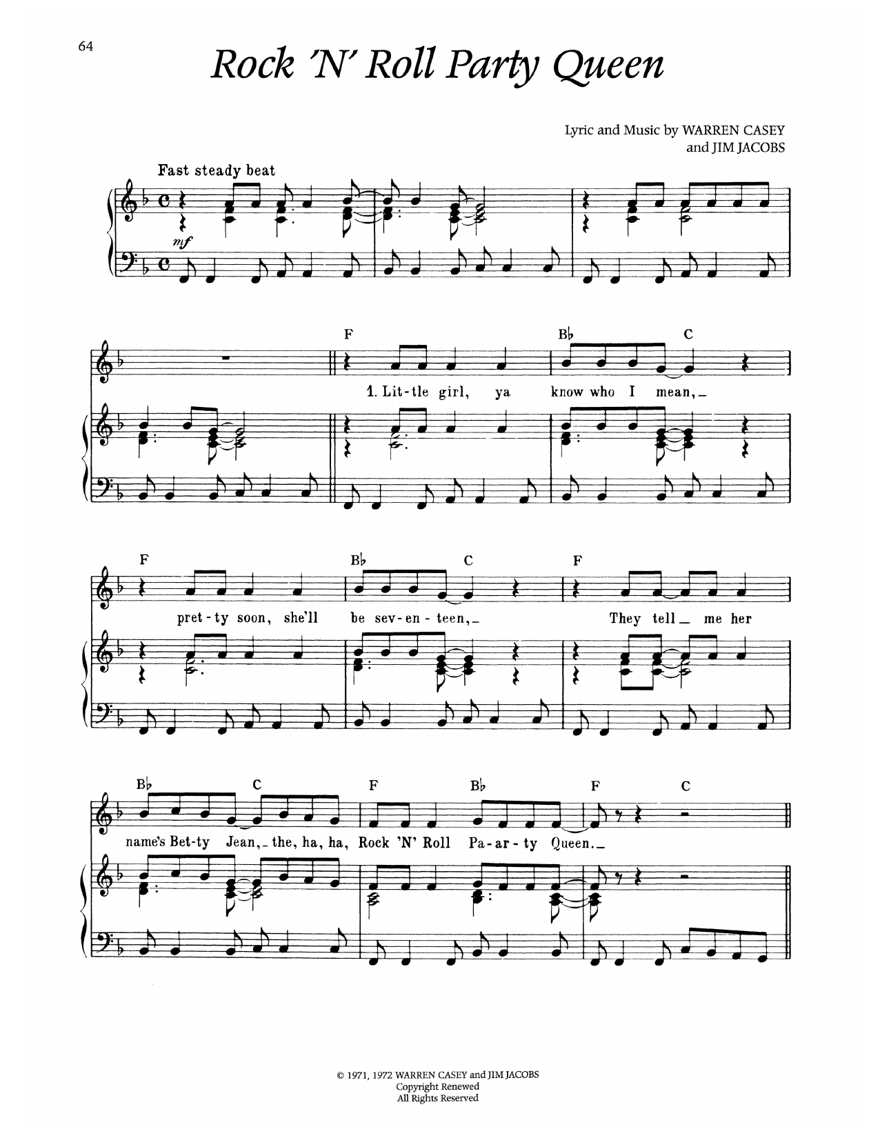 Rock 'N' Roll Party Queen (from Grease) by Warren Casey Sheet Music for ...