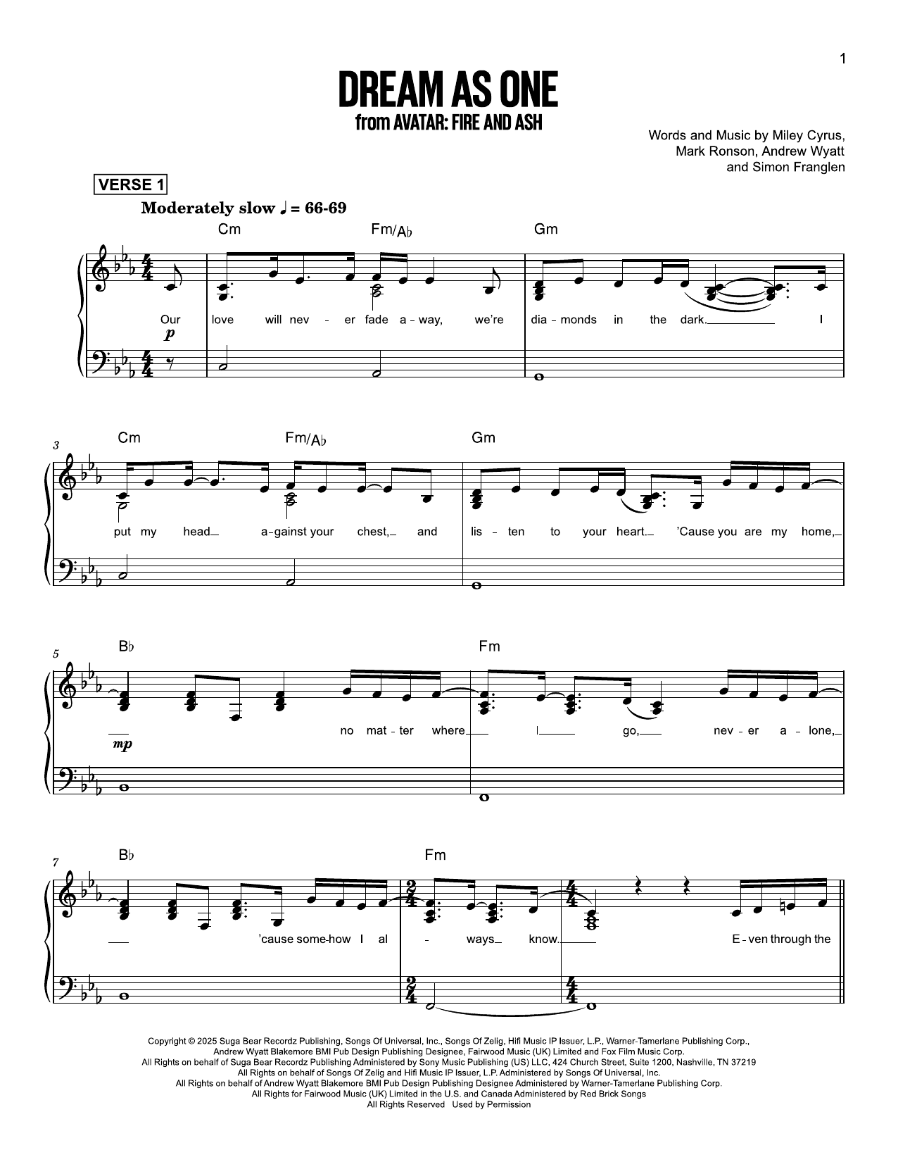 Dream As One (from Avatar: Fire and Ash) by Miley Cyrus Sheet Music for ...