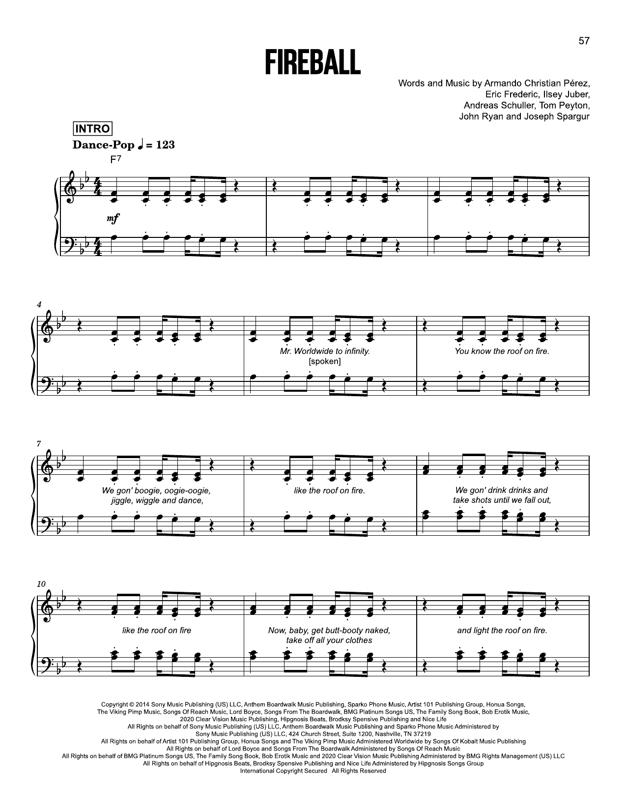 Fireball (feat. John Ryan) by Pitbull Sheet Music for Piano & Lyrics at ...