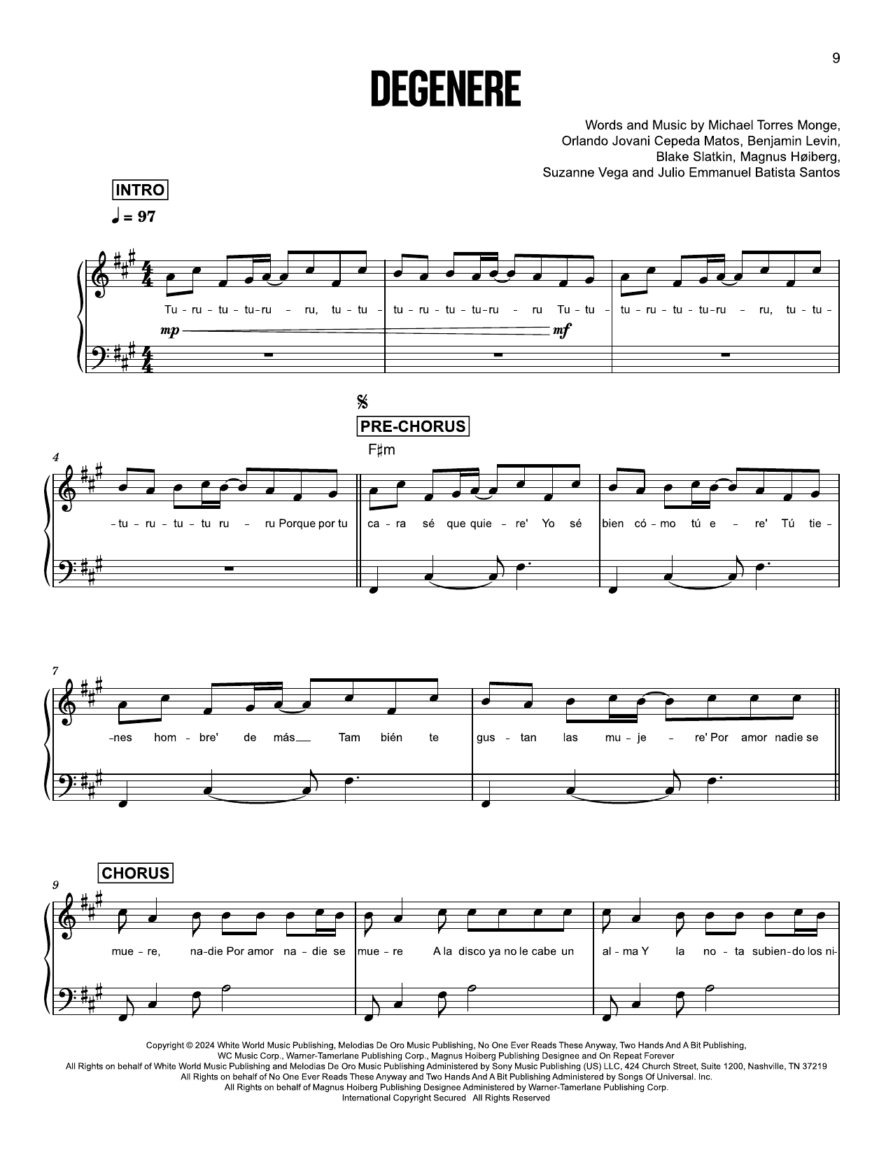 DEGENERE (feat. benny blanco) par Myke Towers Partitions pour Piano ...