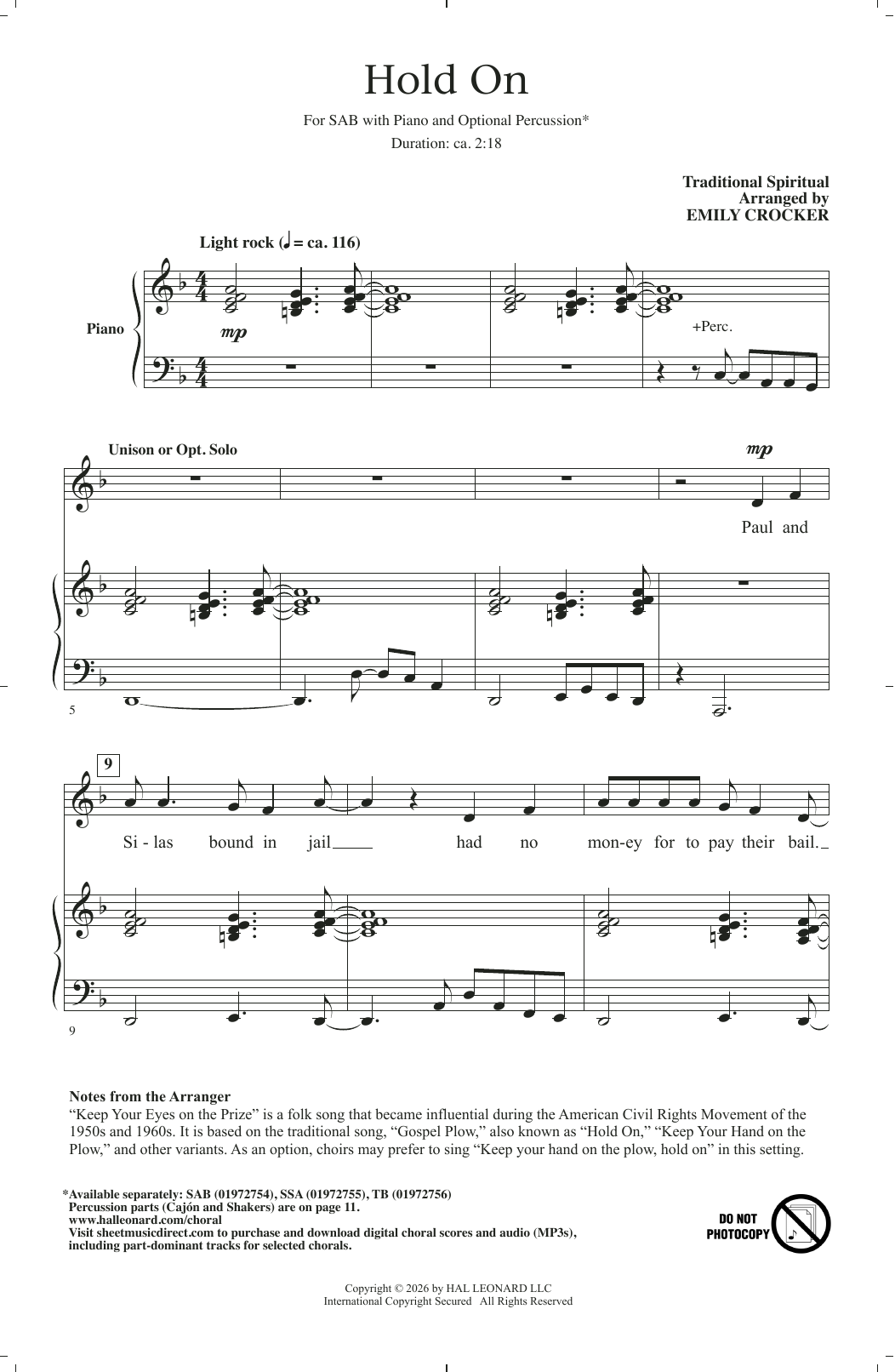 Hold On (arr. Emily Crocker) by Traditional Spiritual Sheet Music for ...