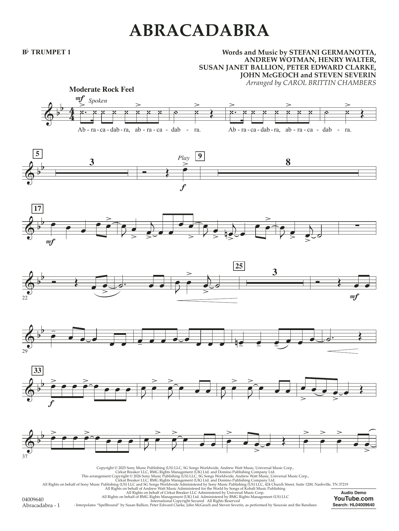 Abracadabra (arr. Chambers) - Bb Trumpet 1 by Lady Gaga Sheet Music for ...