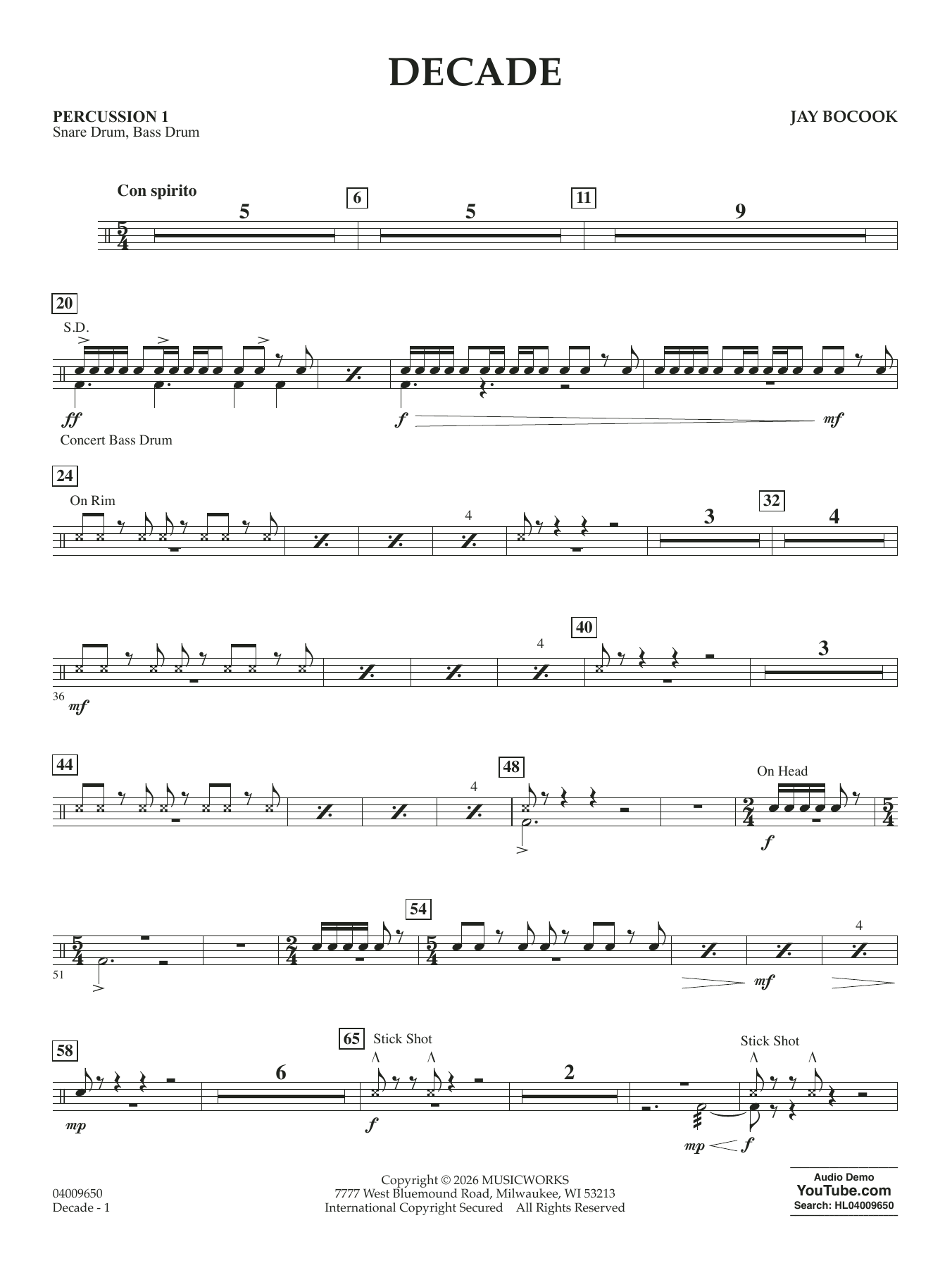 Decade - Percussion 1 by Jay Bocook Sheet Music for Concert Band at ...