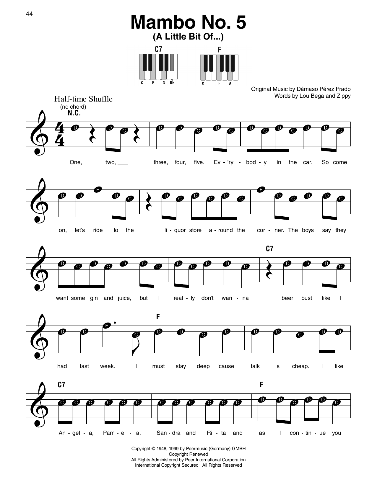 Mambo No. 5 (A Little Bit Of...) by Lou Bega Sheet Music for Super Easy ...