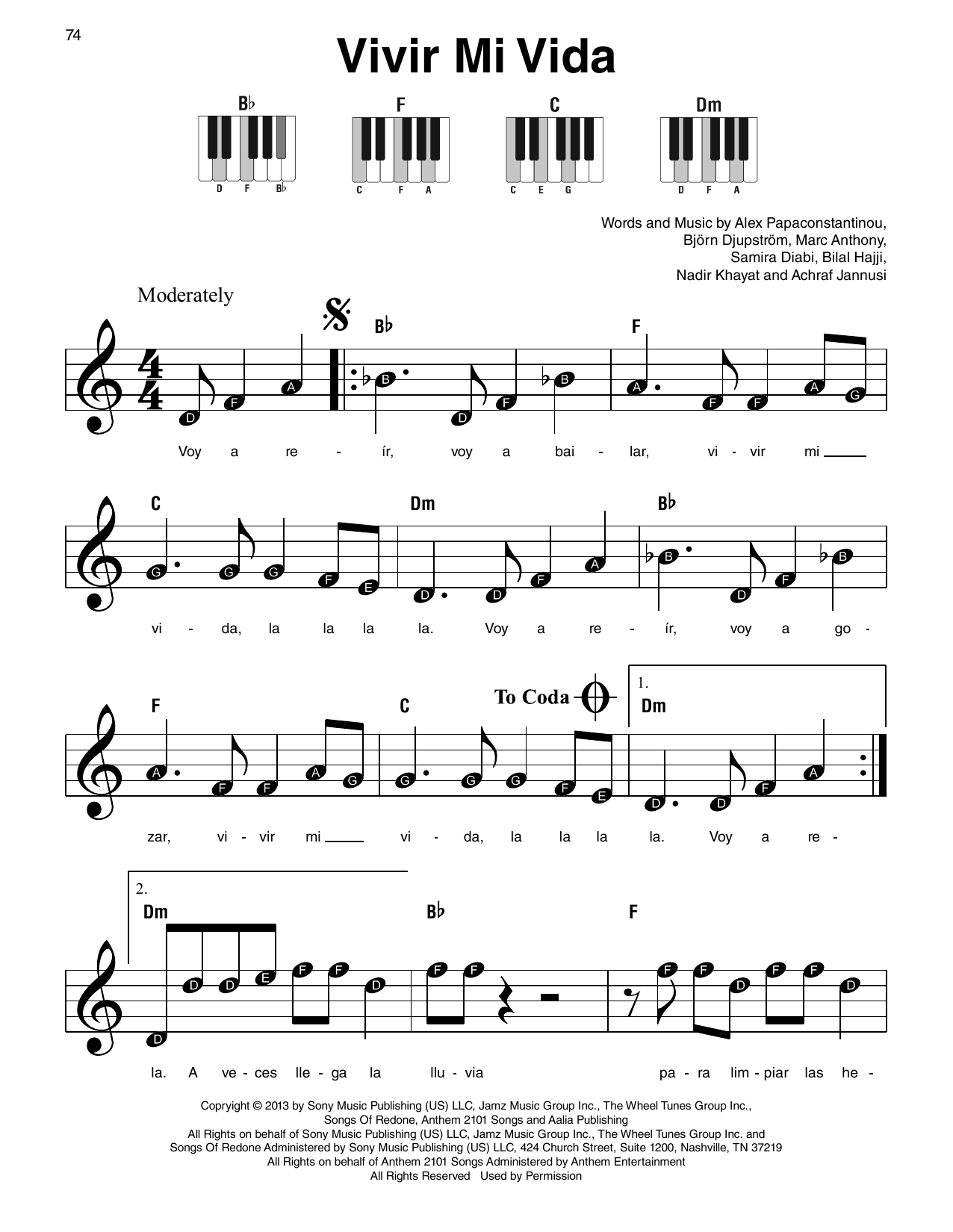 Vivir Mi Vida par Marc Anthony Partitions pour Piano Super Facile sur ...