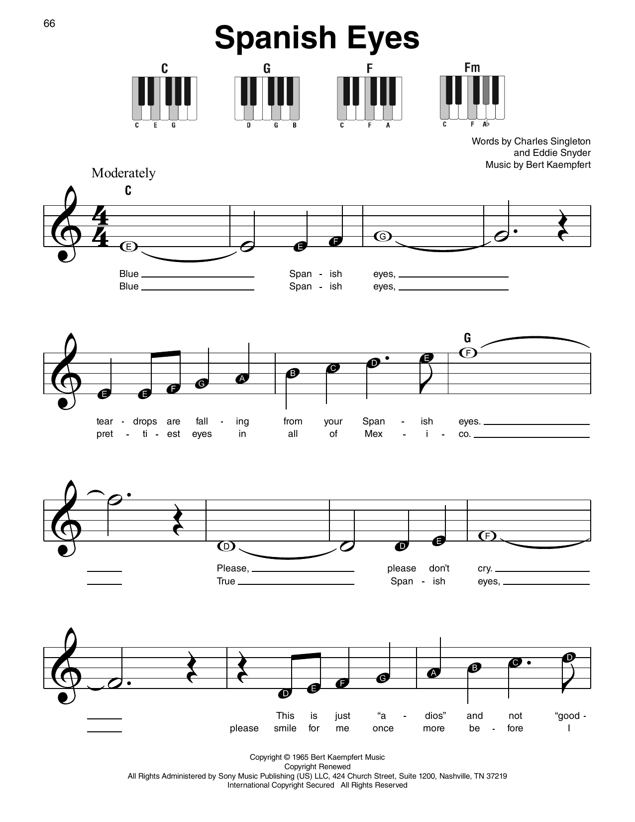 Spanish Eyes by Al Martino Sheet Music for Super Easy Piano at Sheet ...