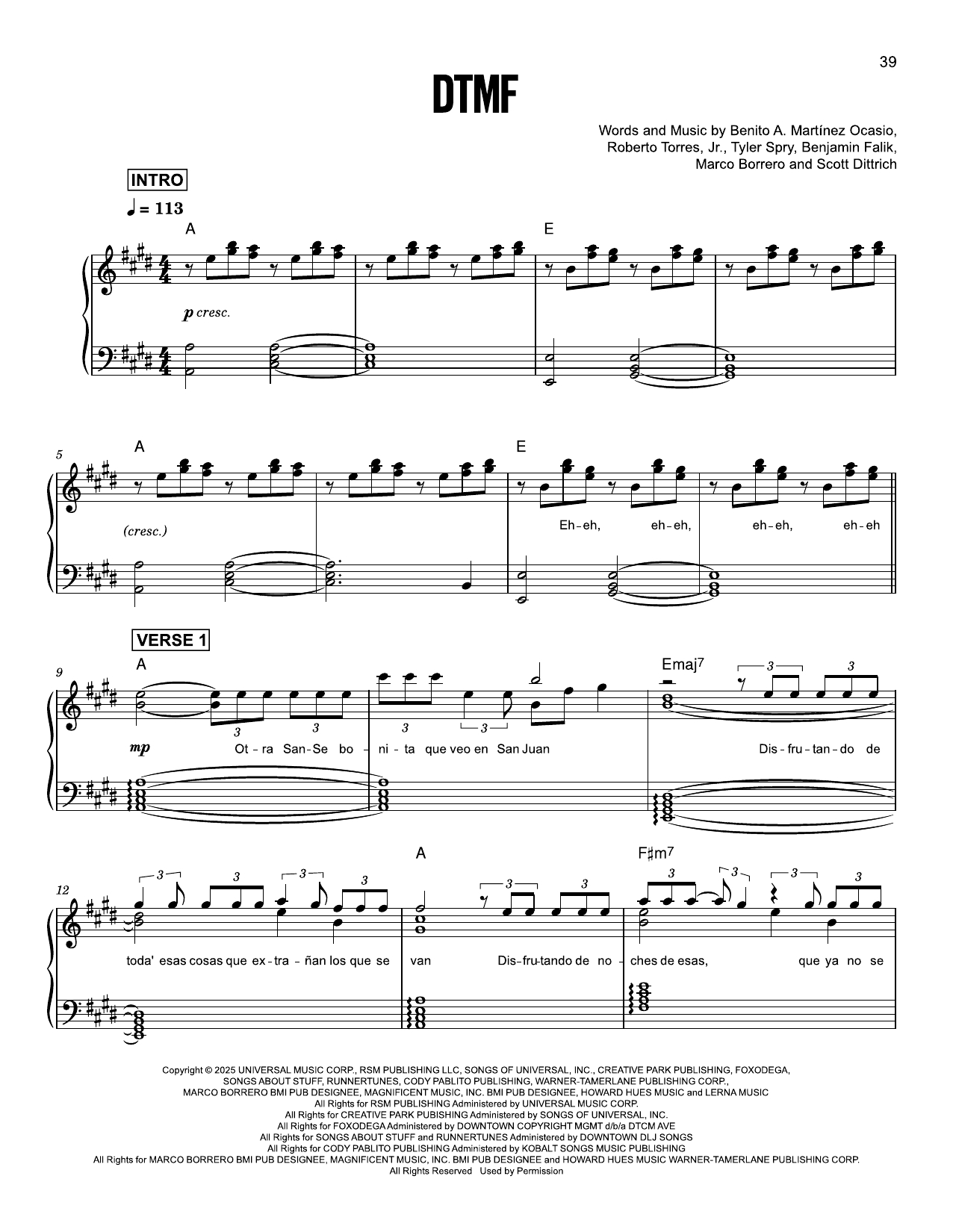DTMF PAR BAD BUNNY PARTITIONS POUR PIANO & LYRICS SUR SHEET MUSIC DIRECT