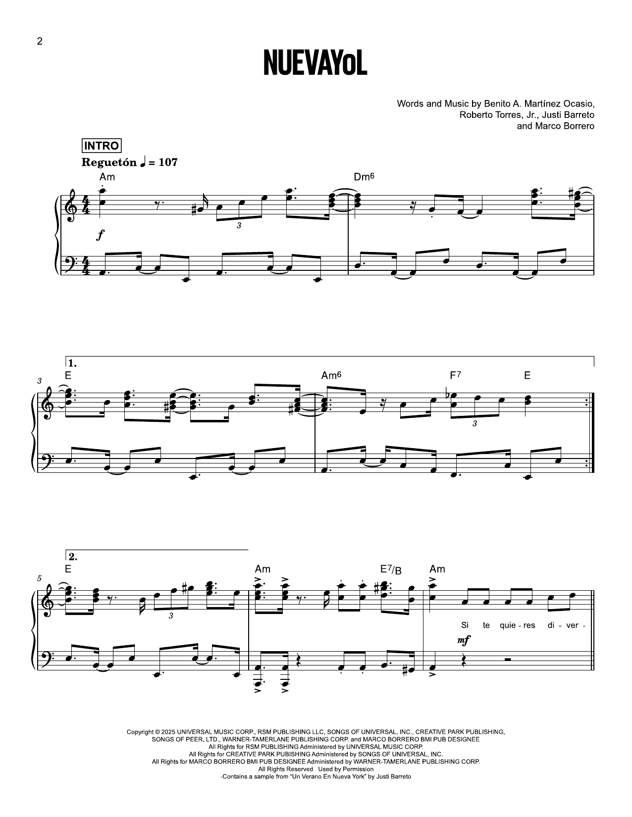 Nuevayol by Bad Bunny Sheet Music for Piano & Lyrics at Sheet Music Direct