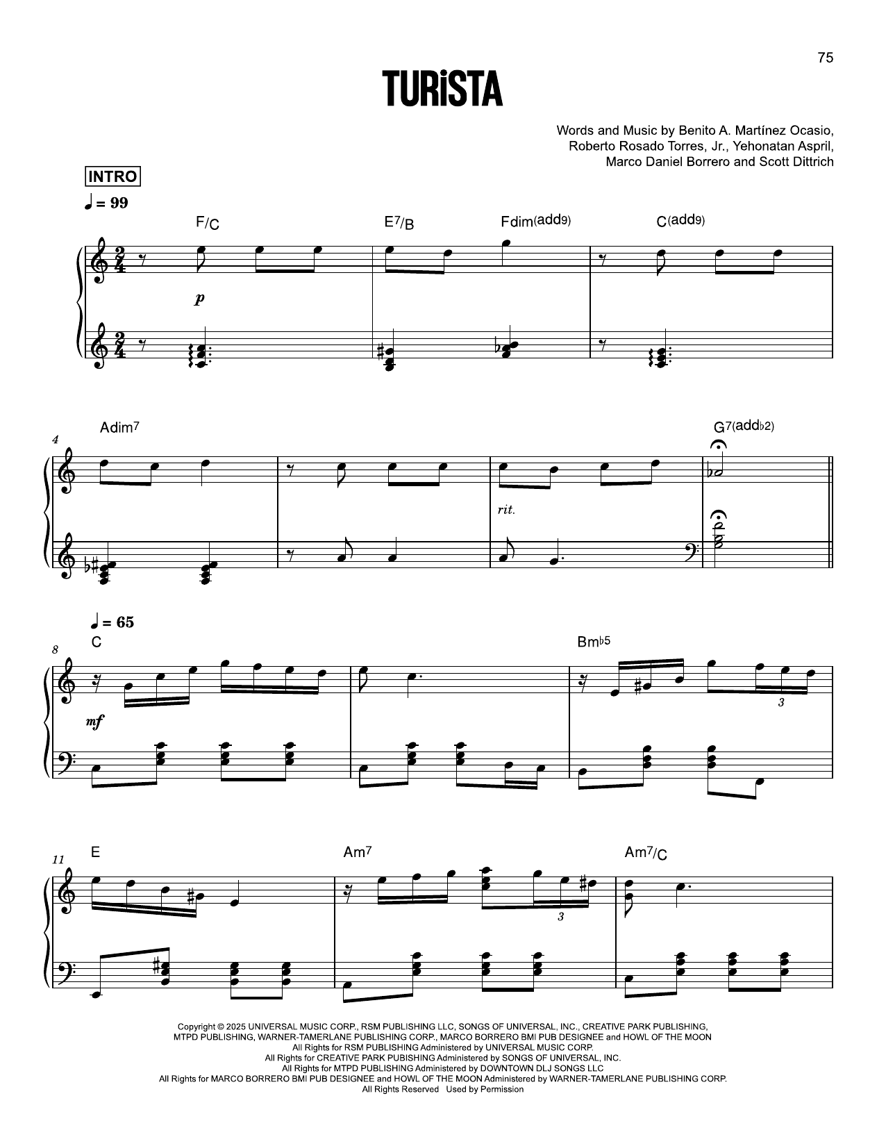 Turista by Bad Bunny Sheet Music for Piano & Lyrics at Sheet Music Direct