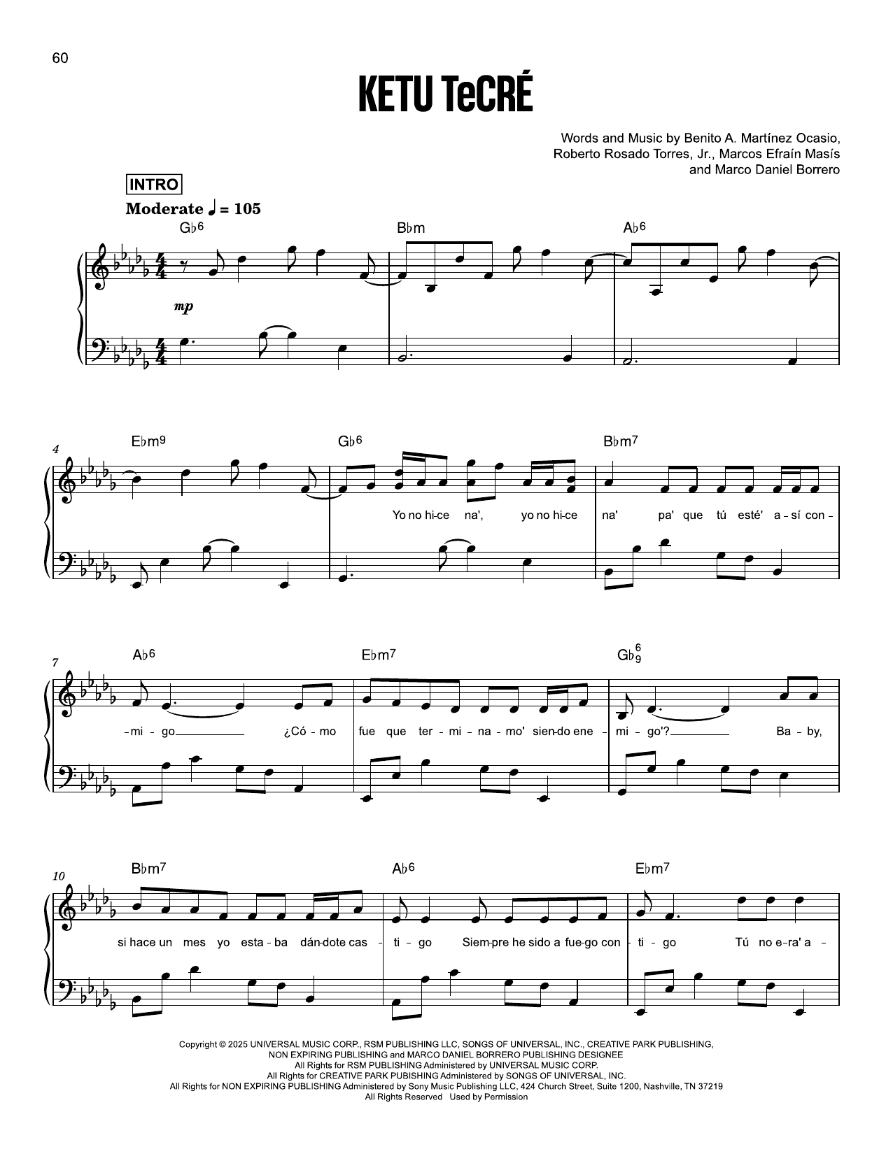 Ketu Tecré par Bad Bunny Partitions pour Piano & Lyrics sur Sheet Music ...