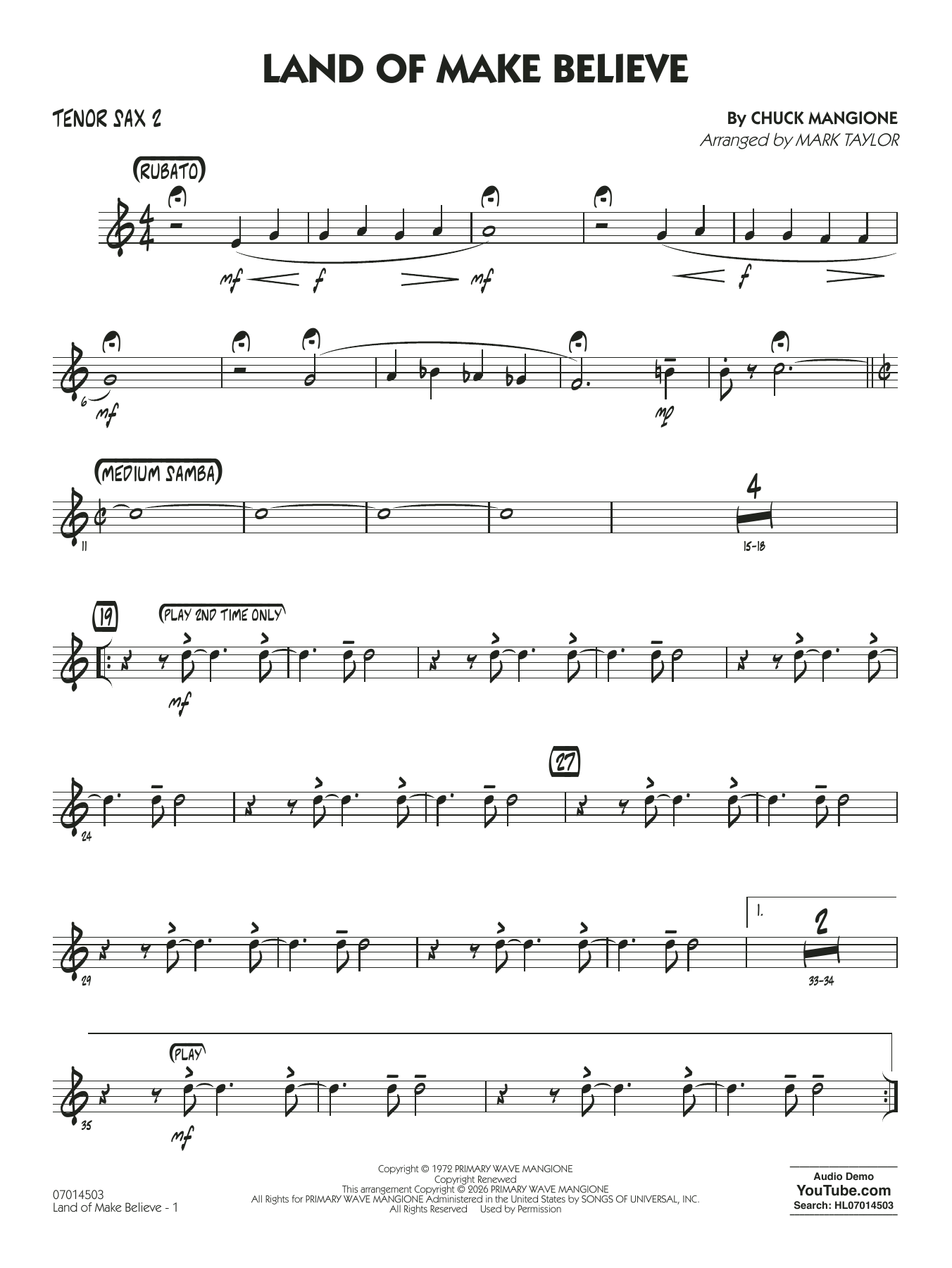 Land of Make Believe (arr. Mark Taylor) - Tenor Sax 2 by Chuck Mangione ...
