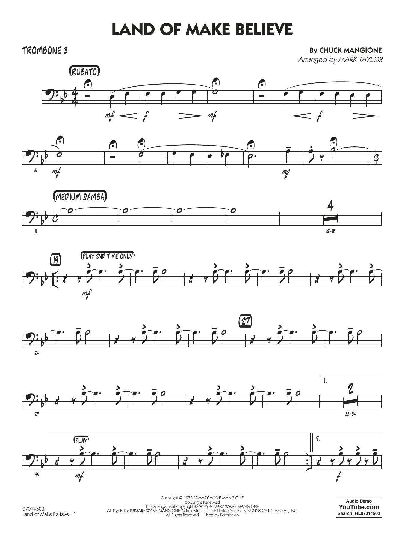 Land of Make Believe (arr. Mark Taylor) - Trombone 3 by Chuck Mangione ...