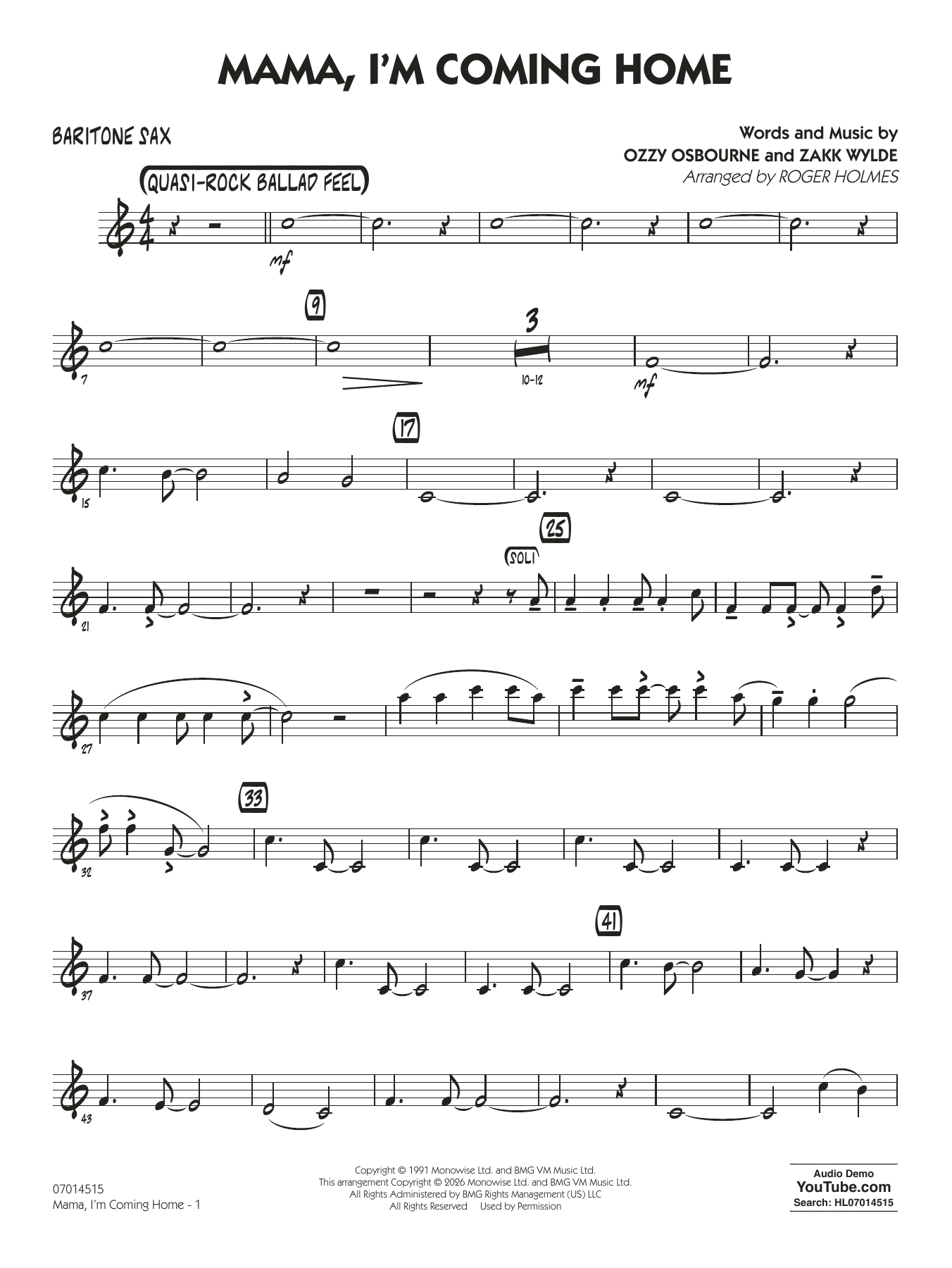 Mama, I'm Coming Home (arr. Roger Holmes) - Baritone Sax by Ozzy ...
