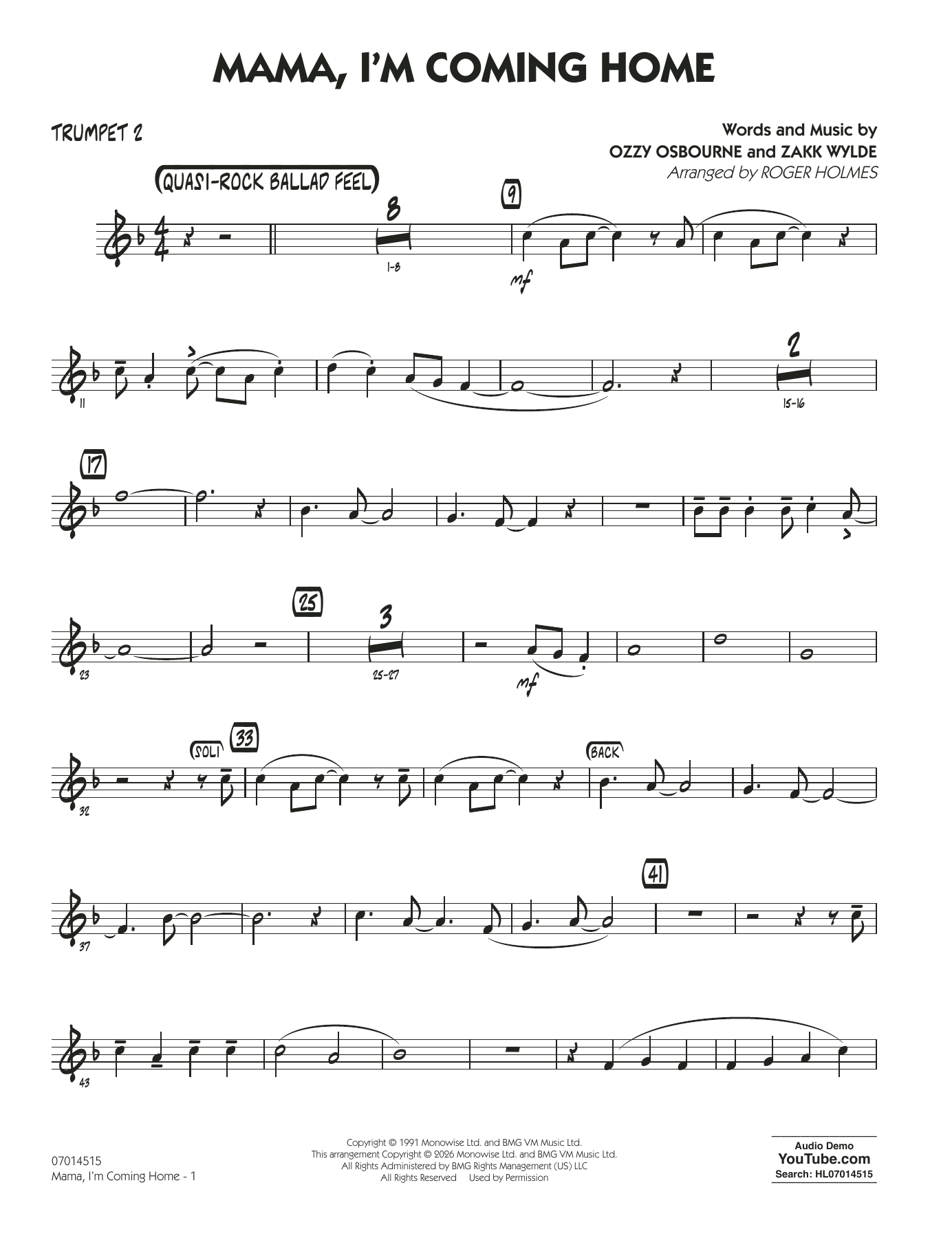 Mama, I'm Coming Home (arr. Roger Holmes) - Trumpet 2 by Ozzy Osbourne ...