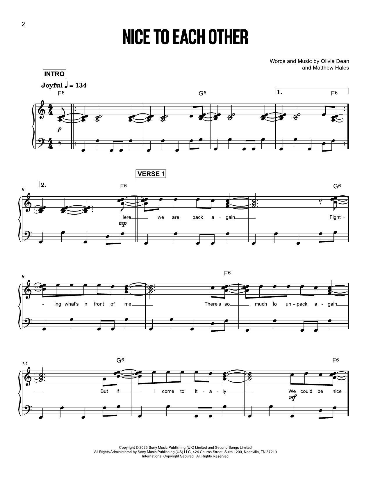 Nice To Each Other by Olivia Dean Sheet Music for Piano & Lyrics at ...