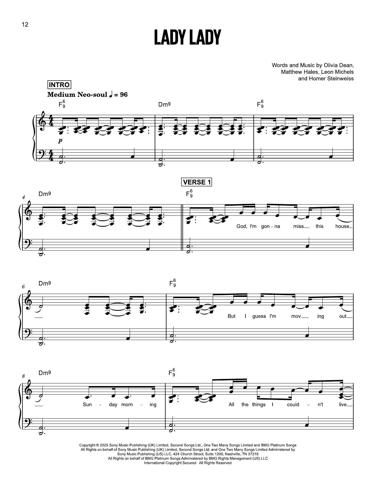 Lady Lady by Olivia Dean Sheet Music for Piano & Lyrics at Sheet Music ...