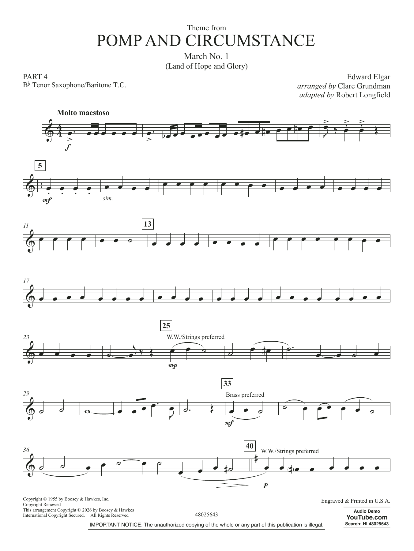 Theme From Pomp And Circumstance March No.1 - Pt.4 - Bb Tenor Sax/Bar ...