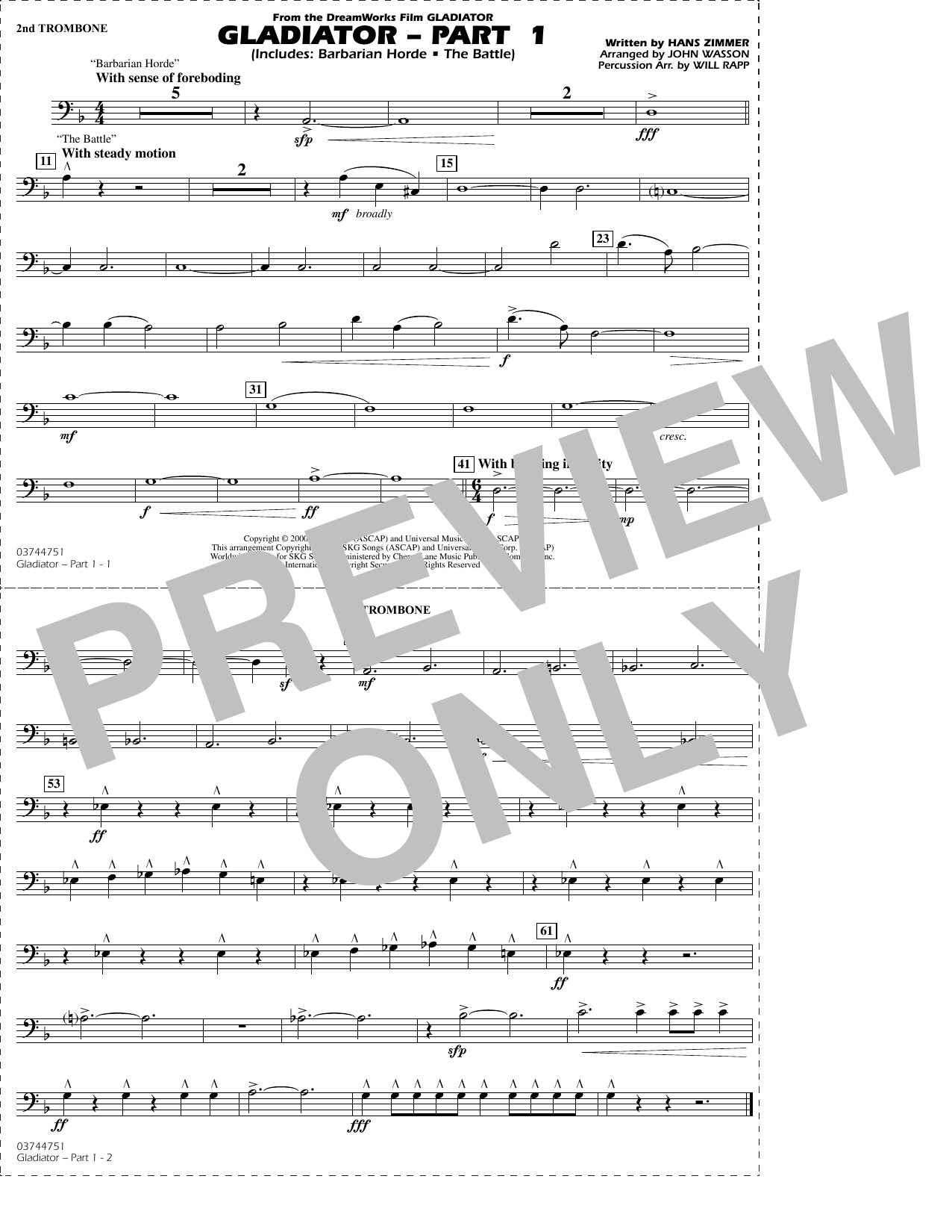 Gladiator Part 1 (arr. Rapp & Wasson) - 2nd Trombone by Hans Zimmer ...