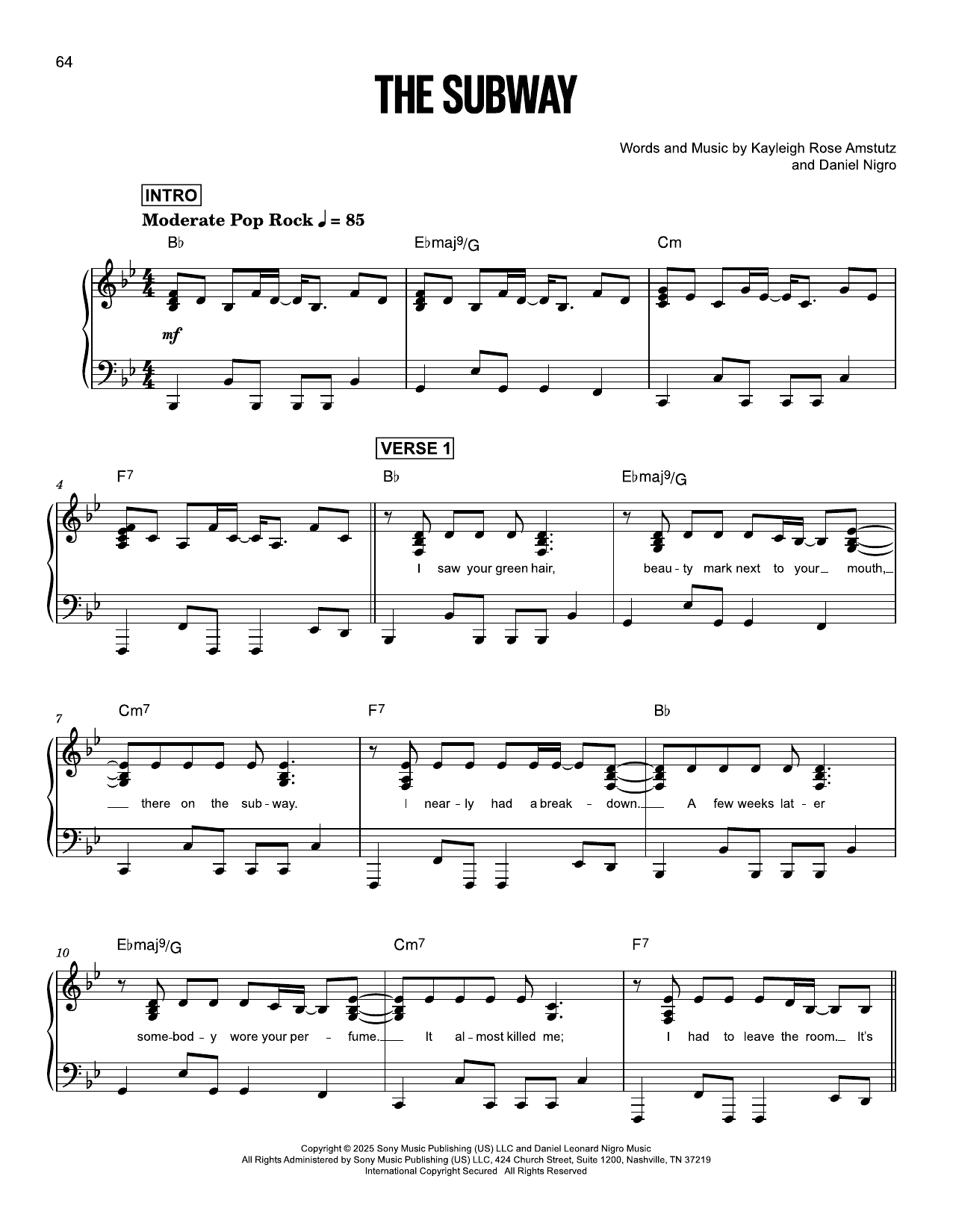 The Subway by Chappell Roan Sheet Music for Piano & Lyrics at Sheet ...