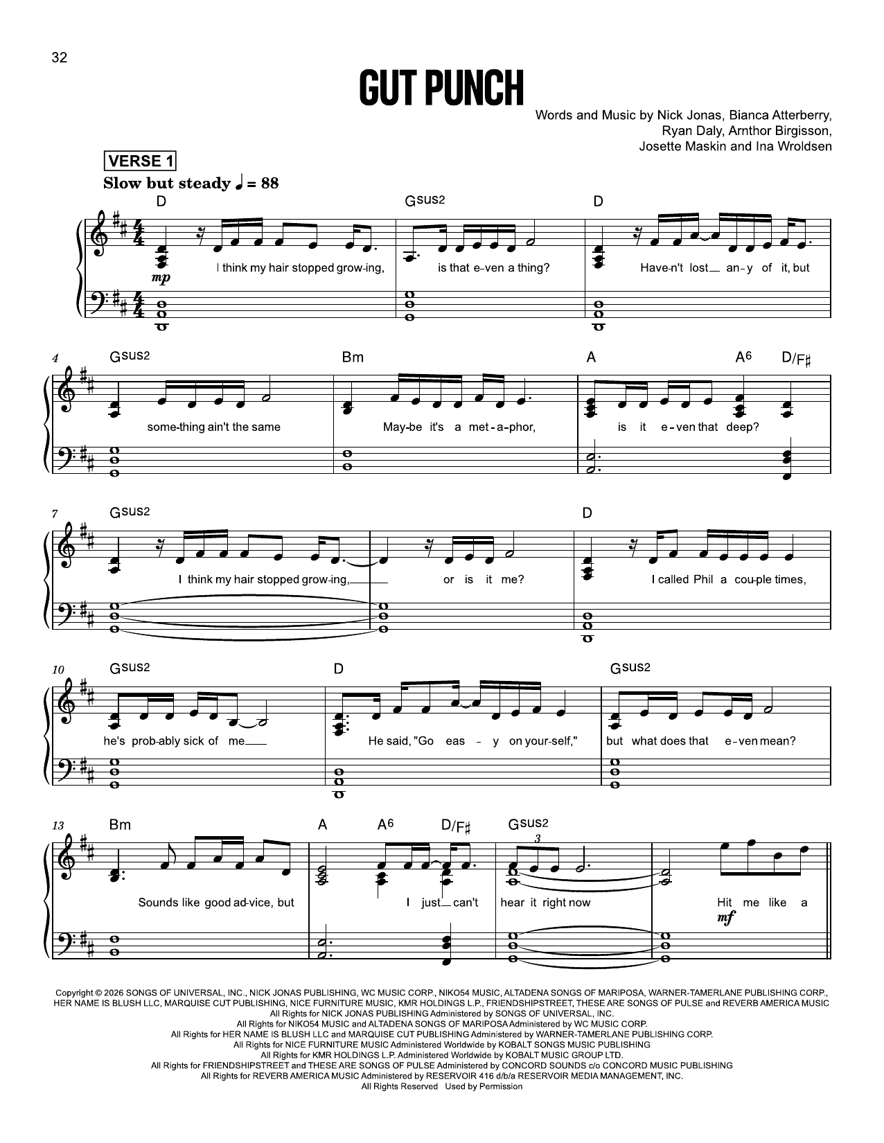 Gut Punch by Nick Jonas Sheet Music for Piano & Lyrics at Sheet Music ...