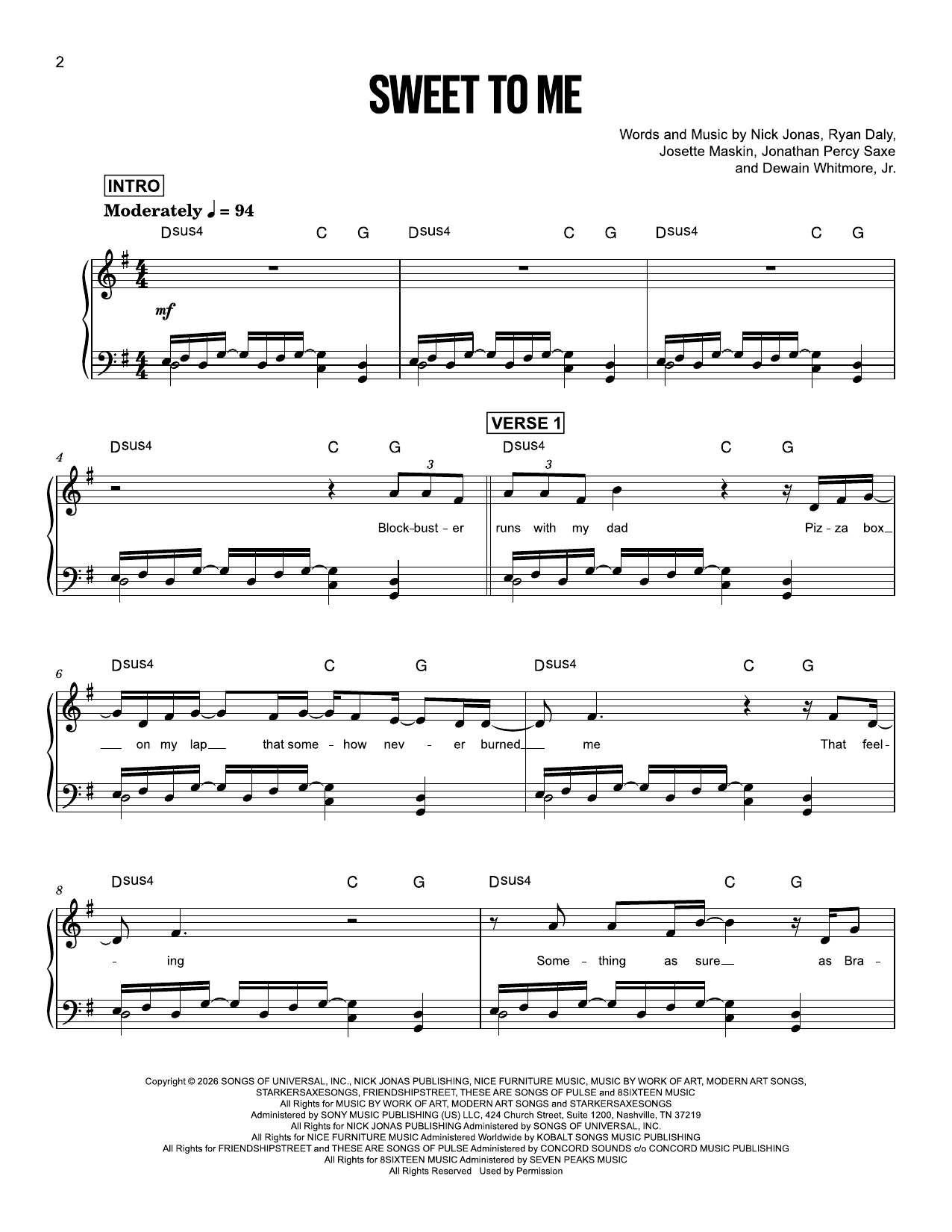 Sweet To Me by Nick Jonas Sheet Music for Piano & Lyrics at Sheet Music ...
