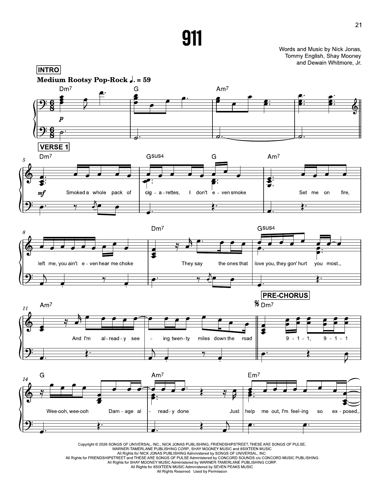 911 by Nick Jonas Sheet Music for Piano & Lyrics at Sheet Music Direct