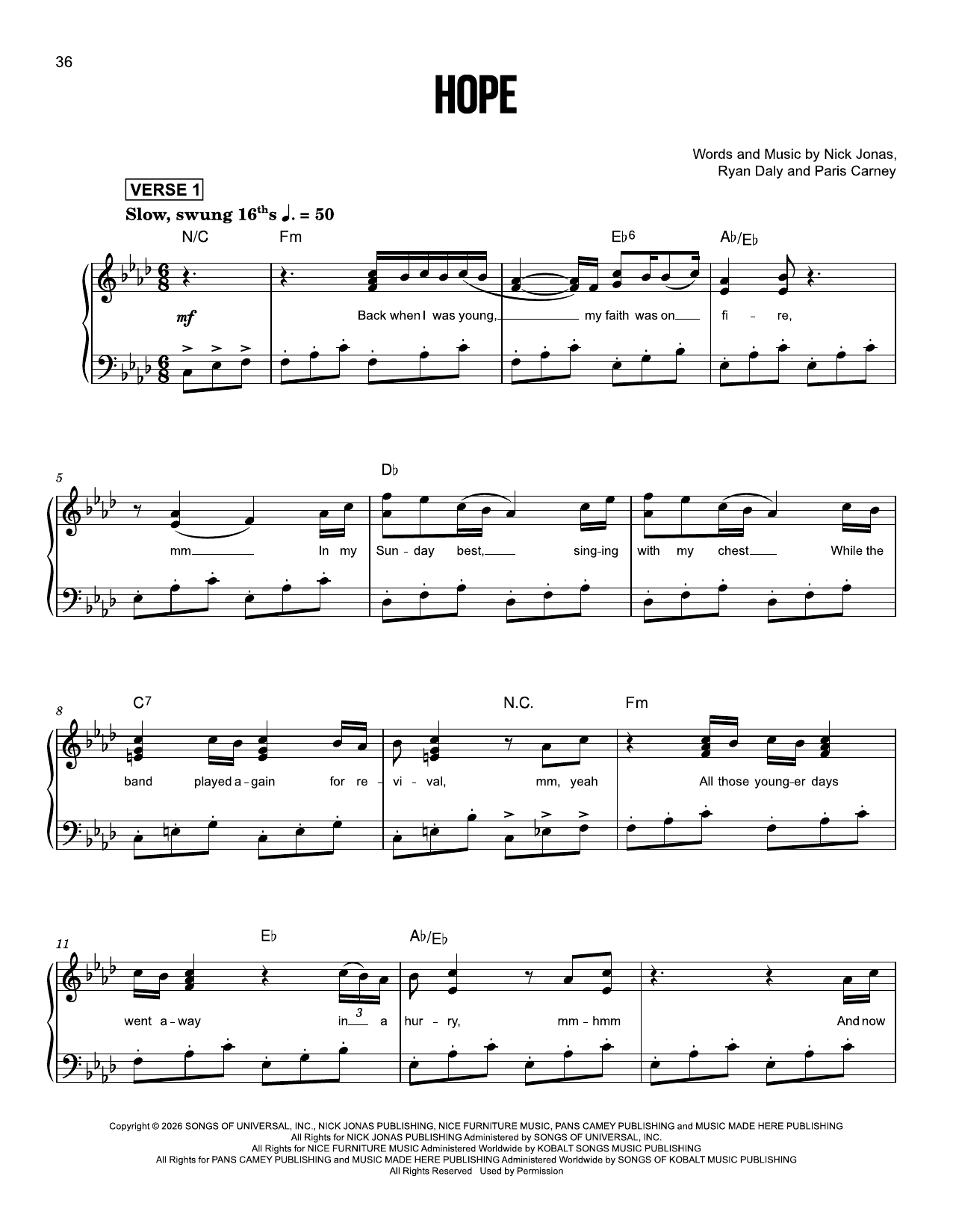 Hope by Nick Jonas Sheet Music for Piano & Lyrics at Sheet Music Direct