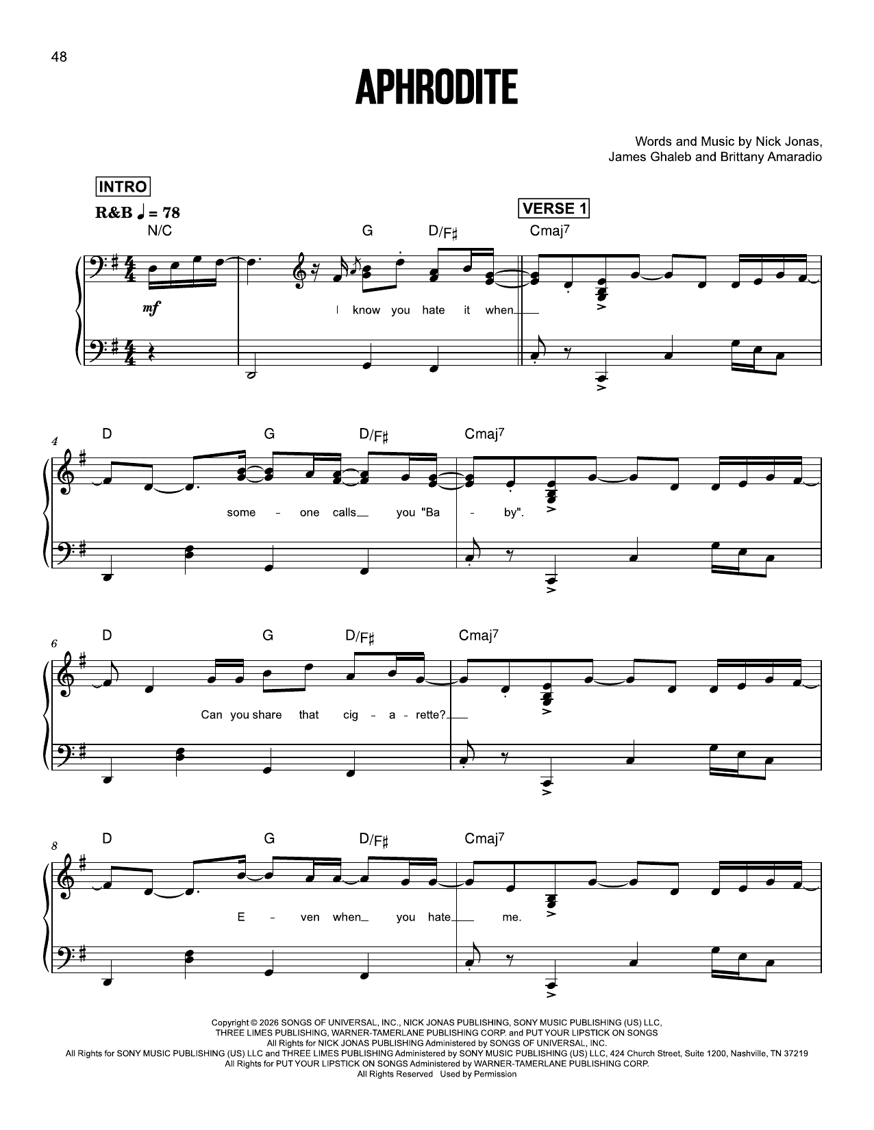 Aphrodite by Nick Jonas Sheet Music for Piano & Lyrics at Sheet Music ...