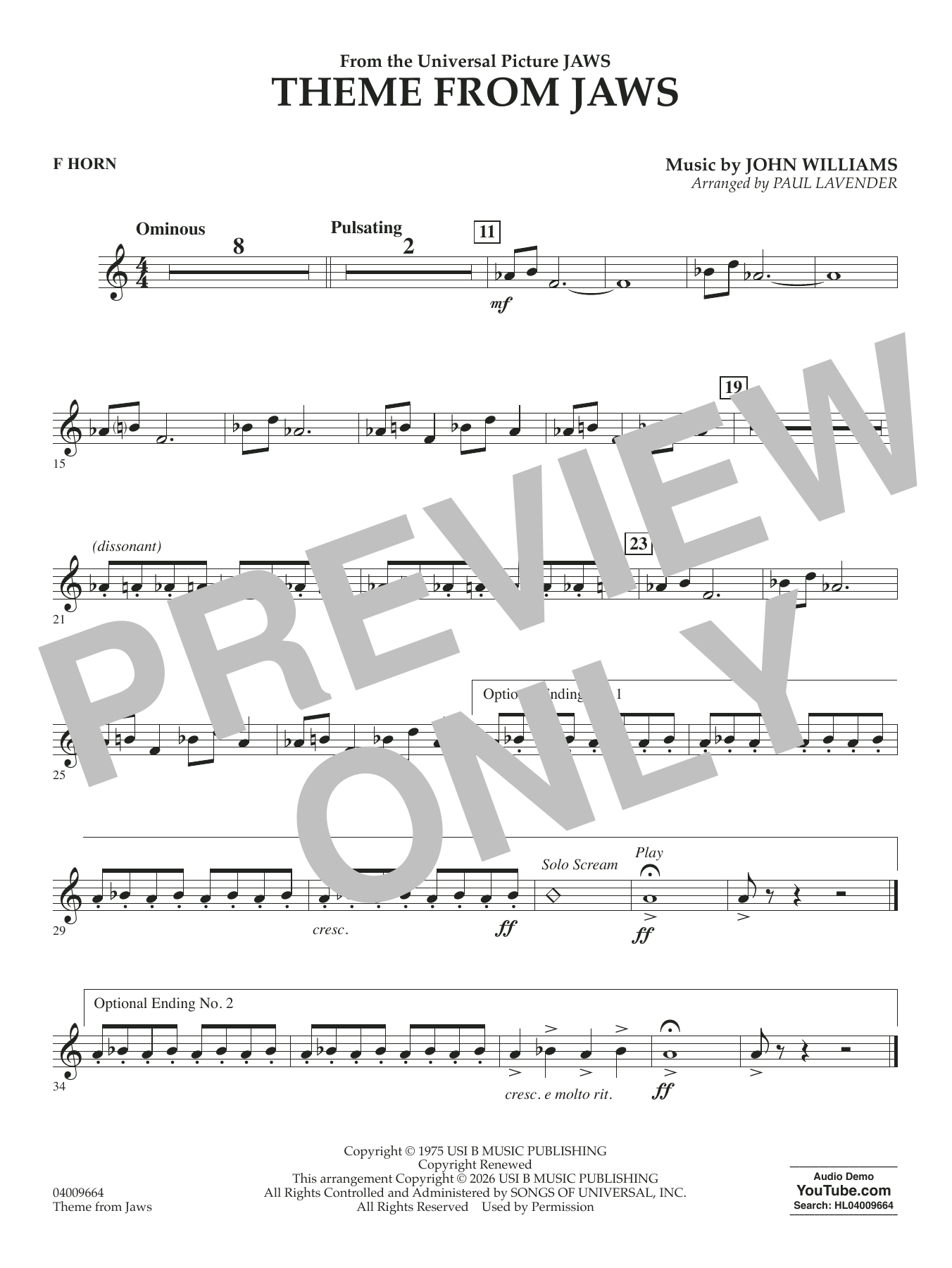 Theme From Jaws (arr. Paul Lavender) - F Horn by John Williams Sheet ...