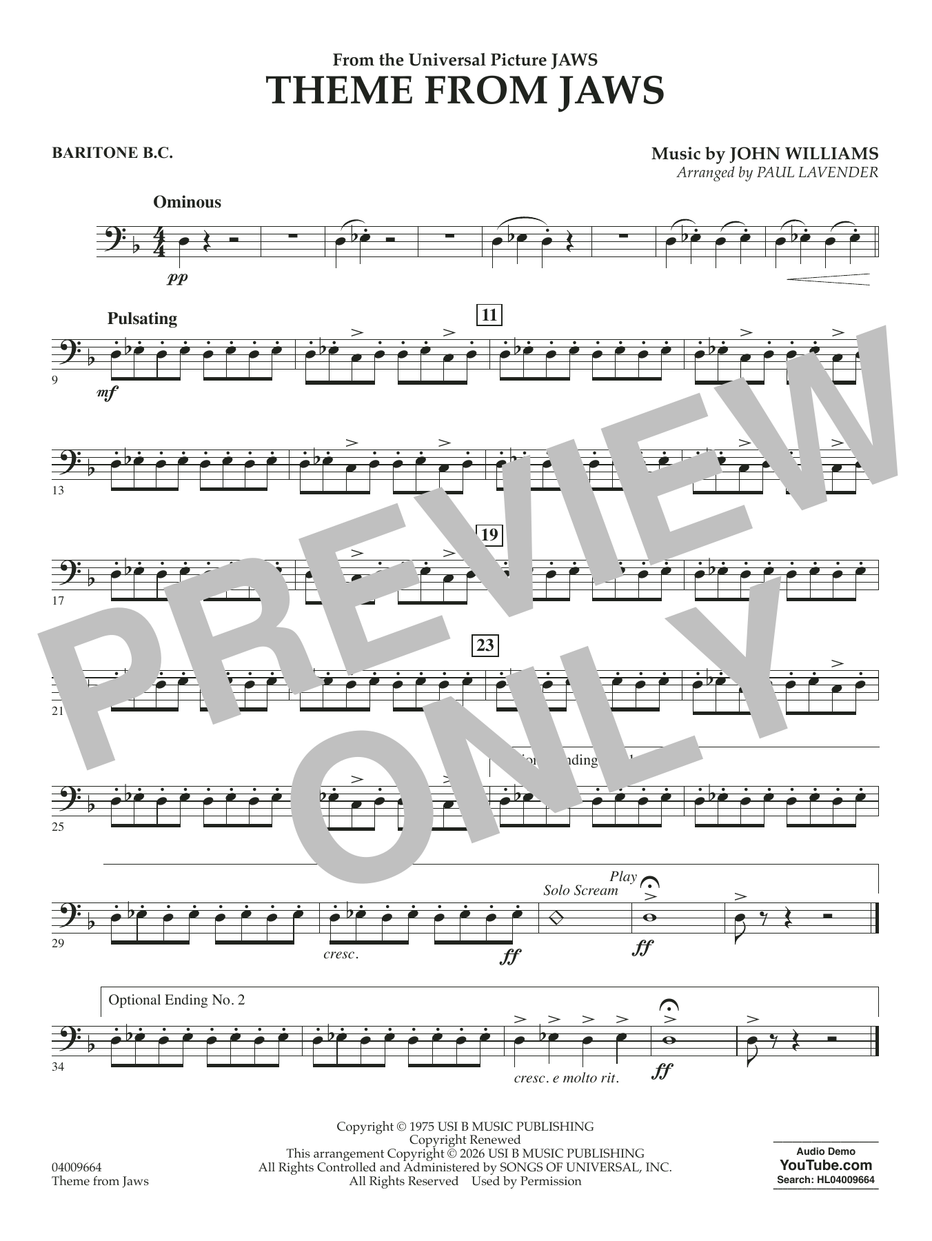 Theme From Jaws (arr. Paul Lavender) - Baritone B.C. by John Williams ...