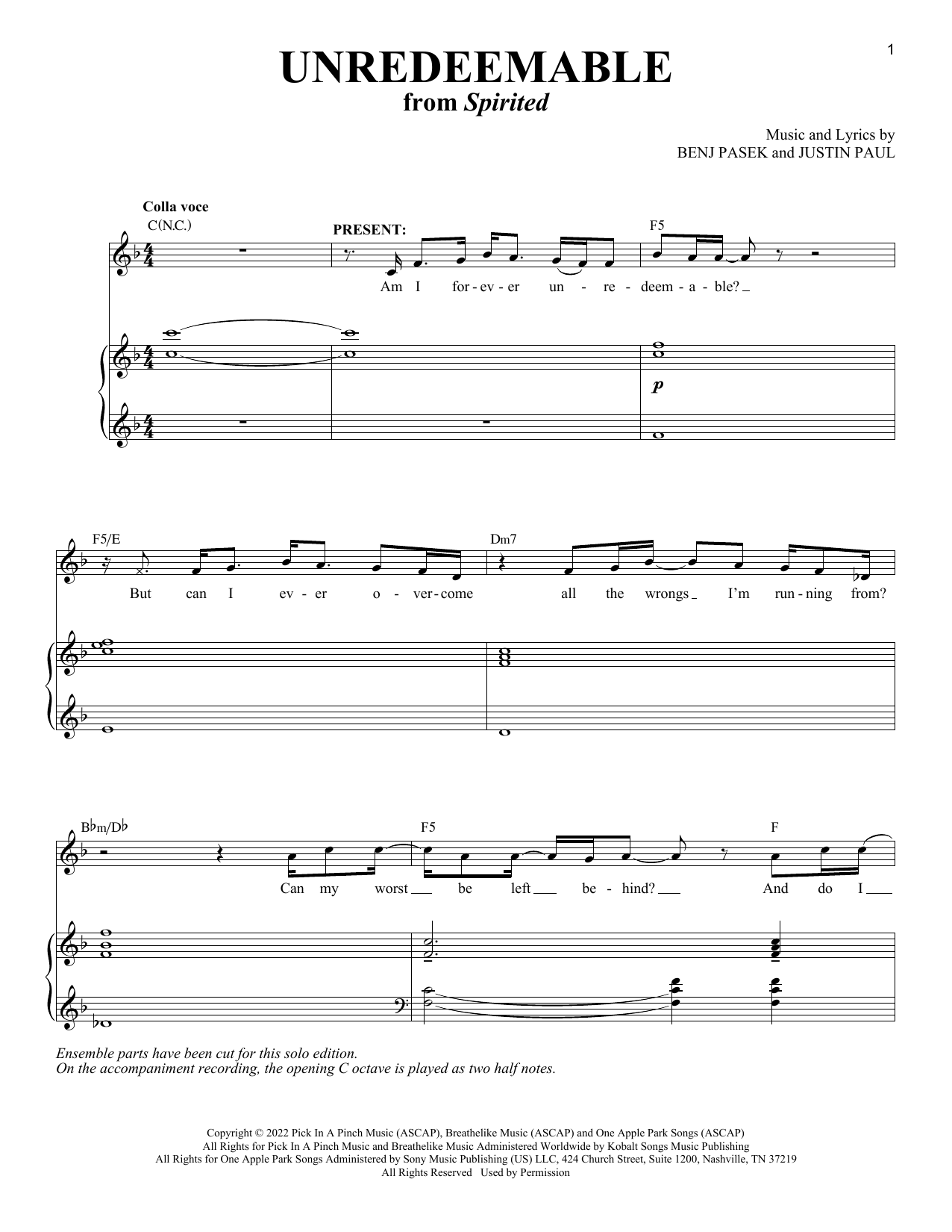 Unredeemable (from Spirited) by Pasek & Paul Sheet Music for Piano ...