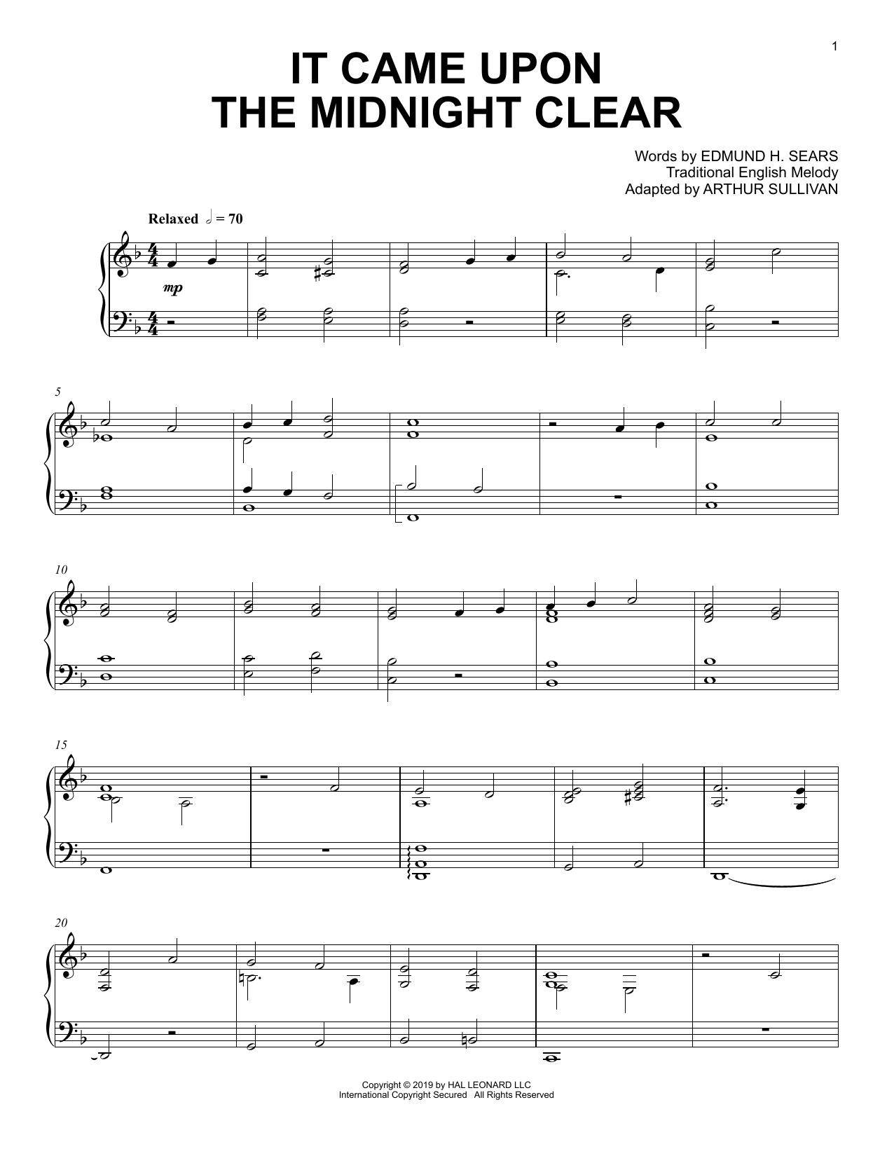 It Came Upon The Midnight Clear by Arthur Sullivan (adapted) Sheet ...