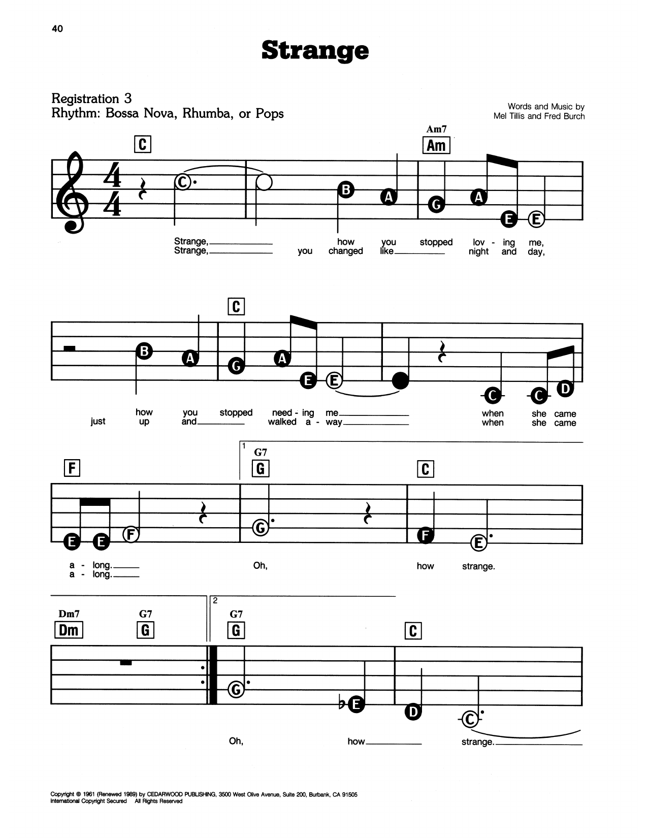 Strange by Patsy Cline Sheet Music for E-Z Play Today at Sheet Music Direct