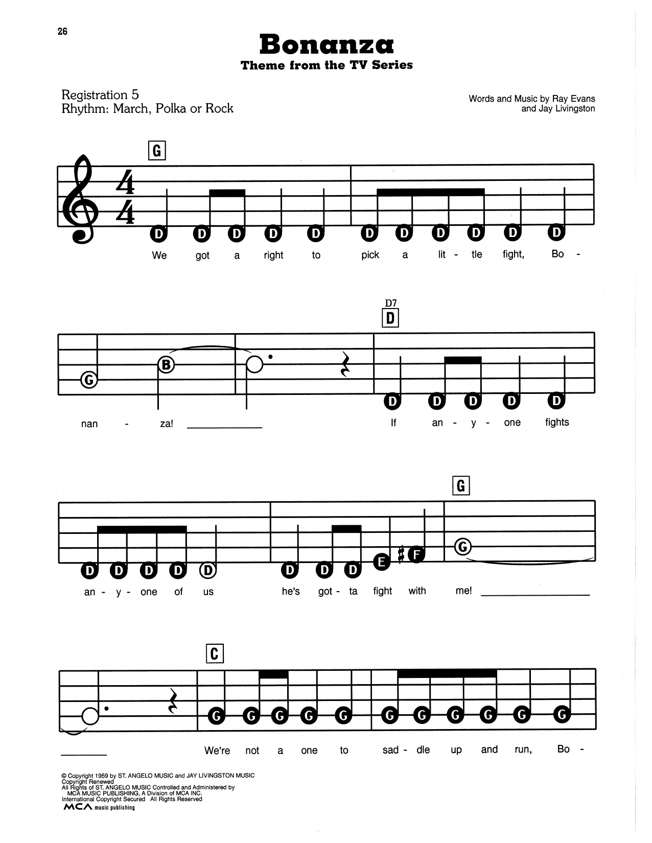 Bonanza by Al Caiola Sheet Music for E-Z Play Today at Sheet Music Direct